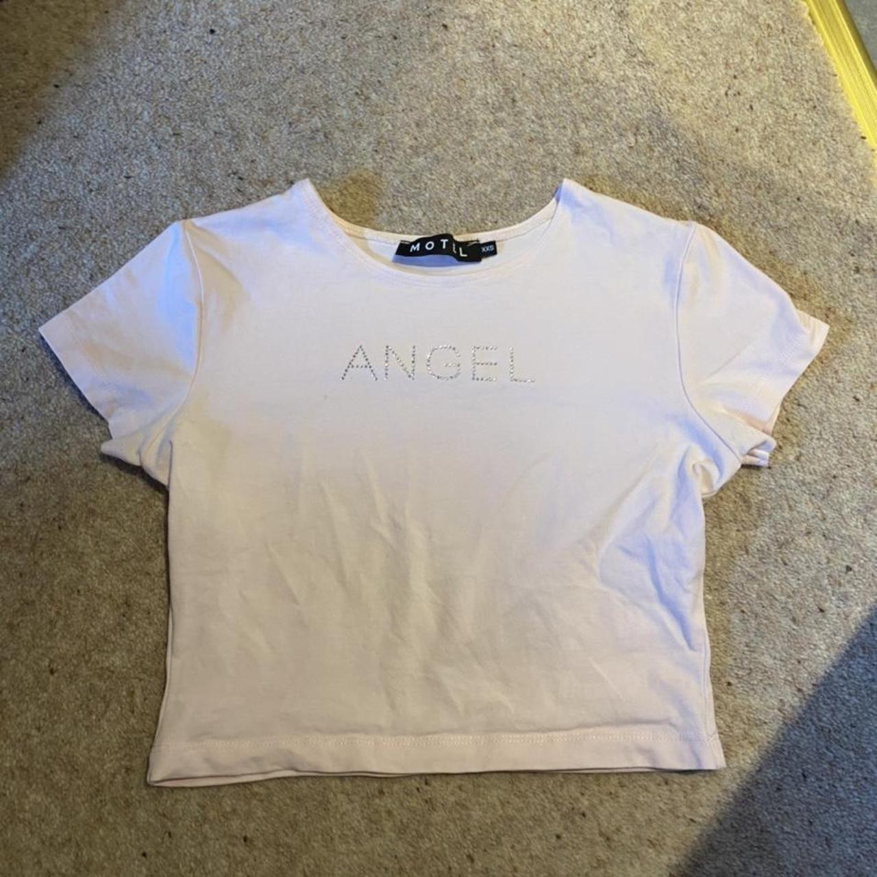 Motel rocks pink baby Tee “ angel” written on it in... - Depop