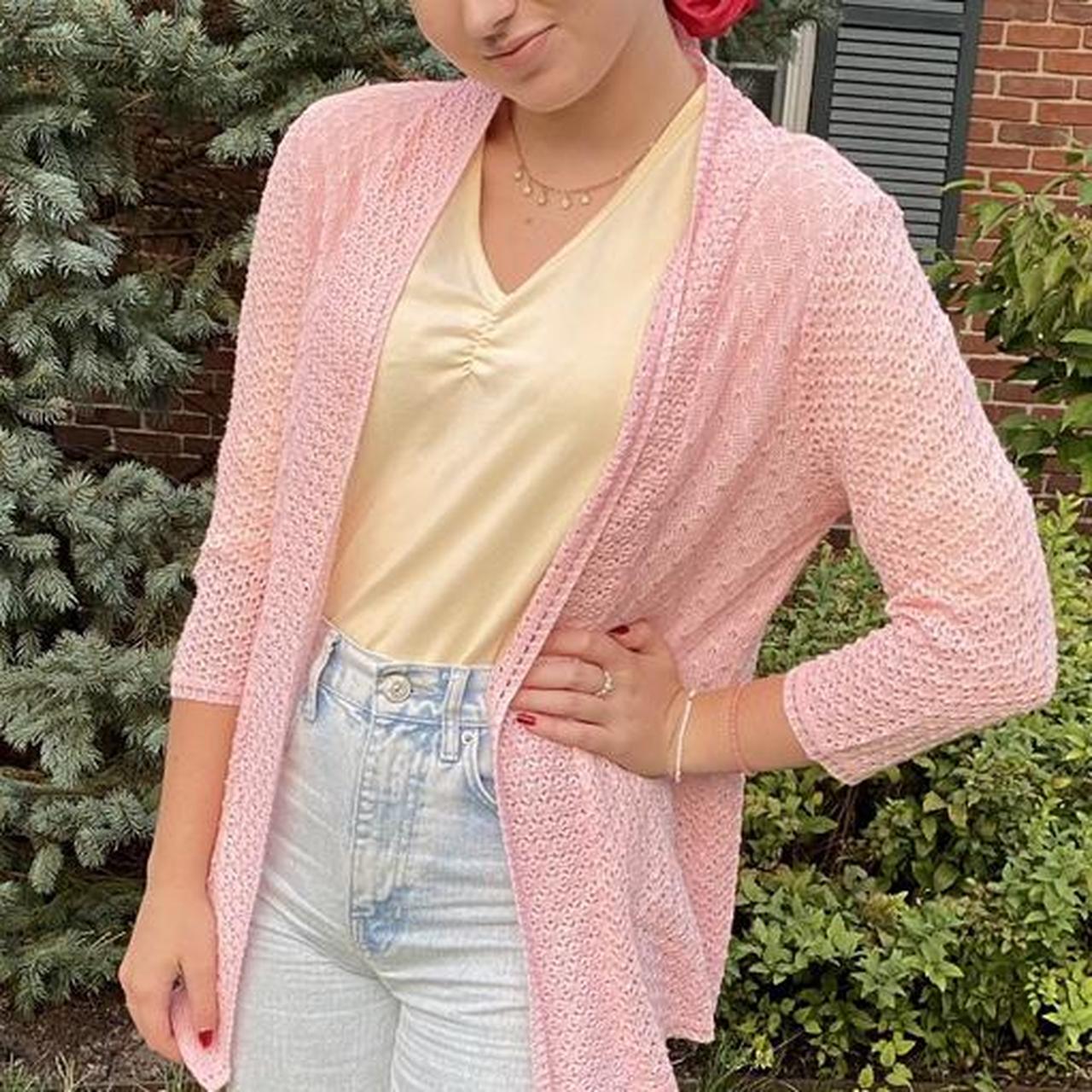 vintage pastel pink long cardigan with 3/4... | Depop