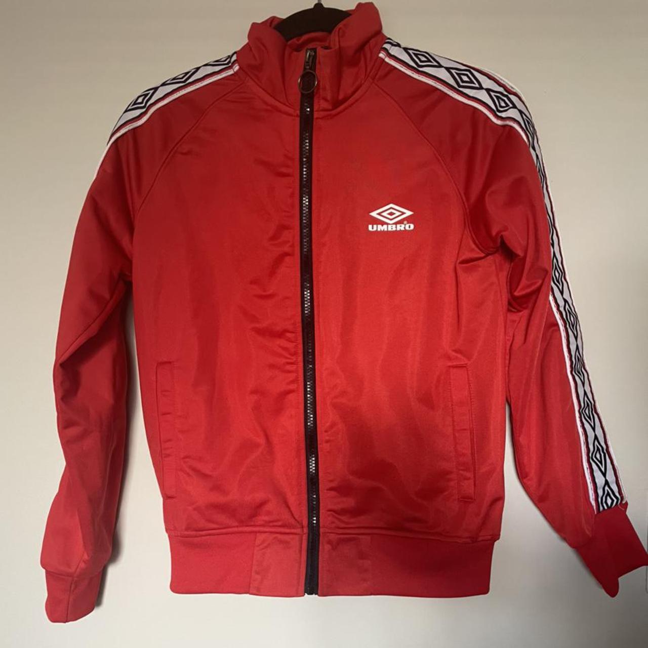 Red jacket with umbro logo on sleeves. In perfect... - Depop