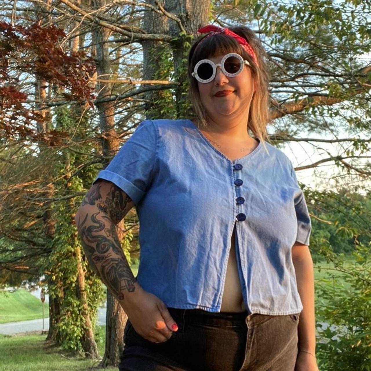 80s vintage denim top Short sleeve cropped Belly... - Depop