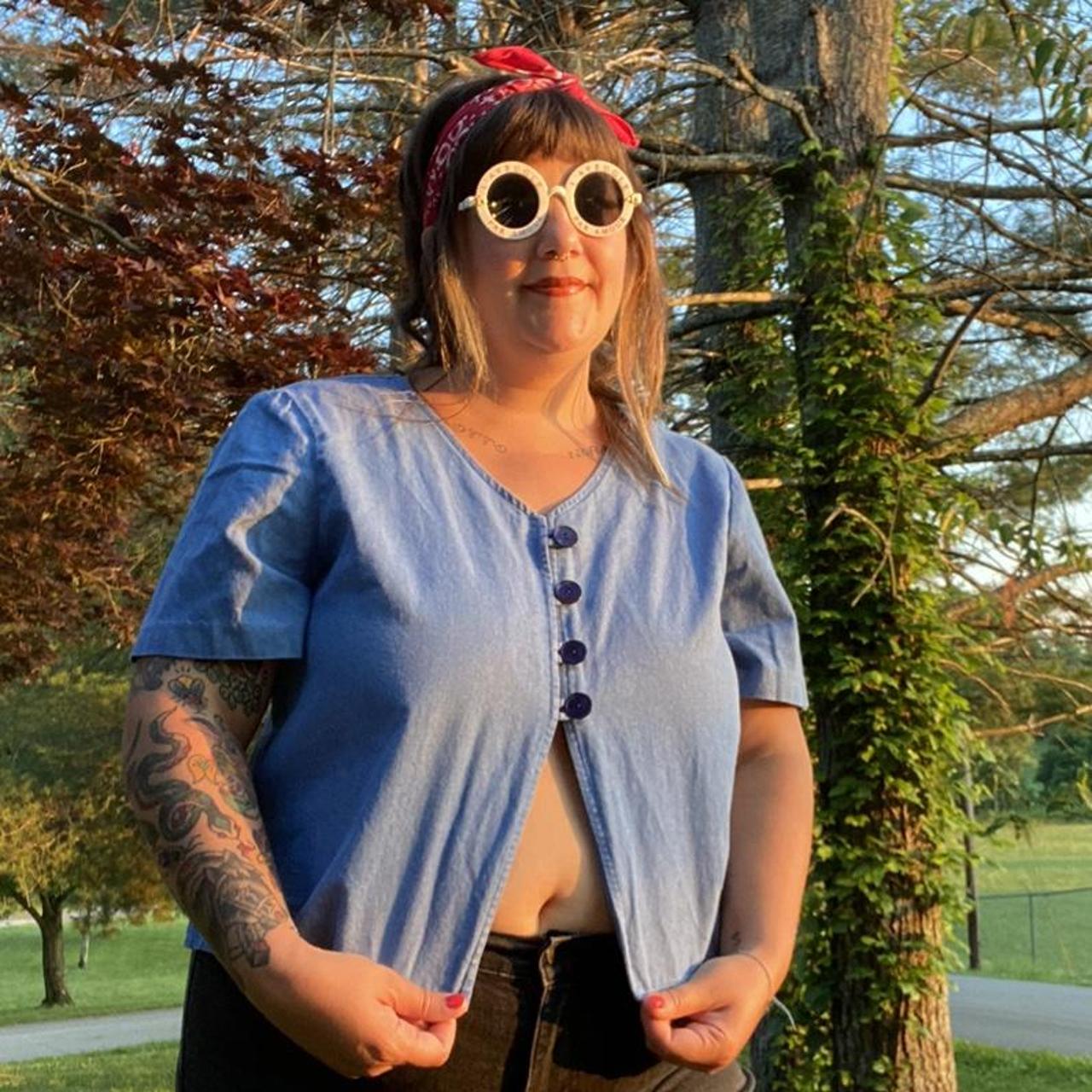 80s vintage denim top Short sleeve cropped Belly... - Depop