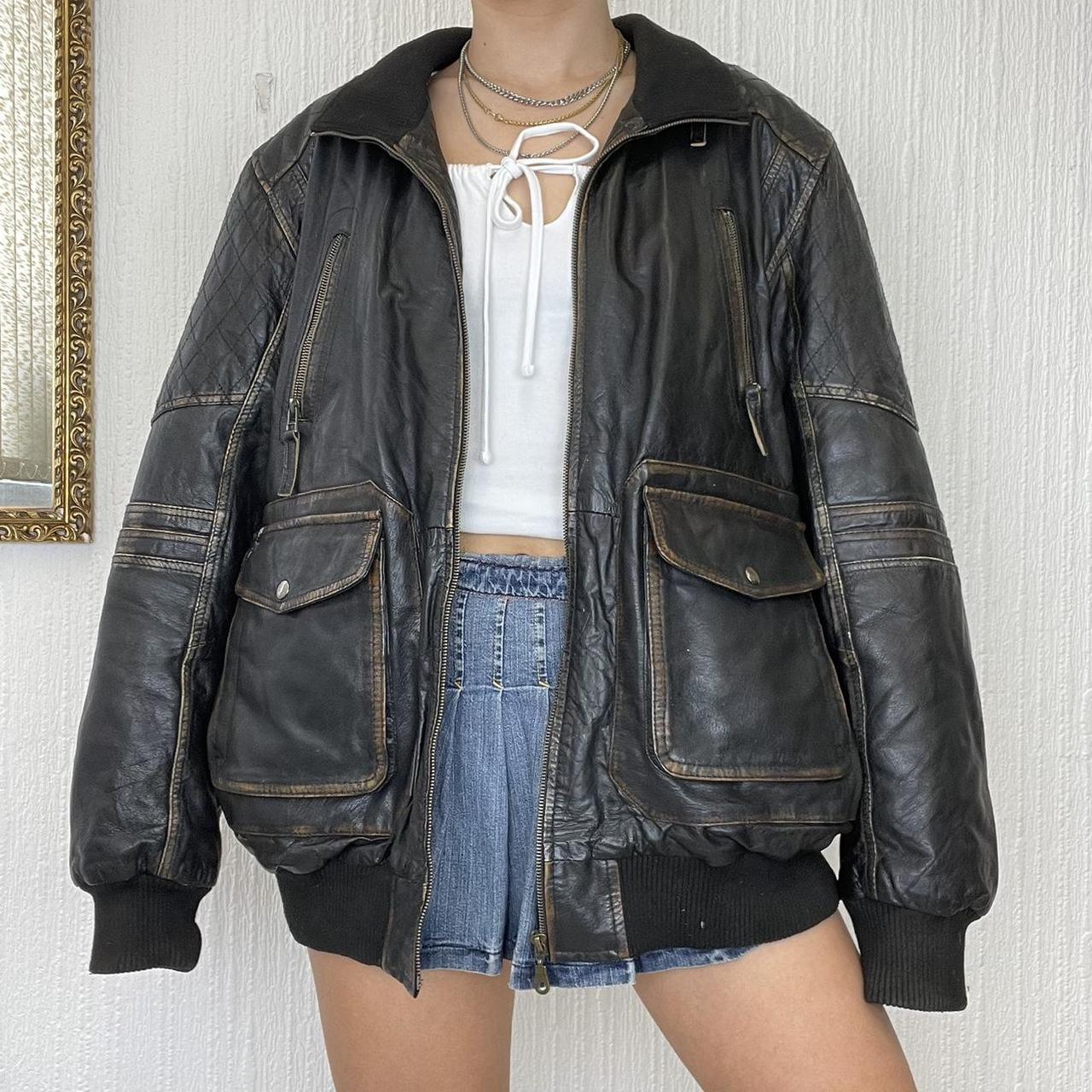 insane vintage leather bomber jacket genuine... - Depop