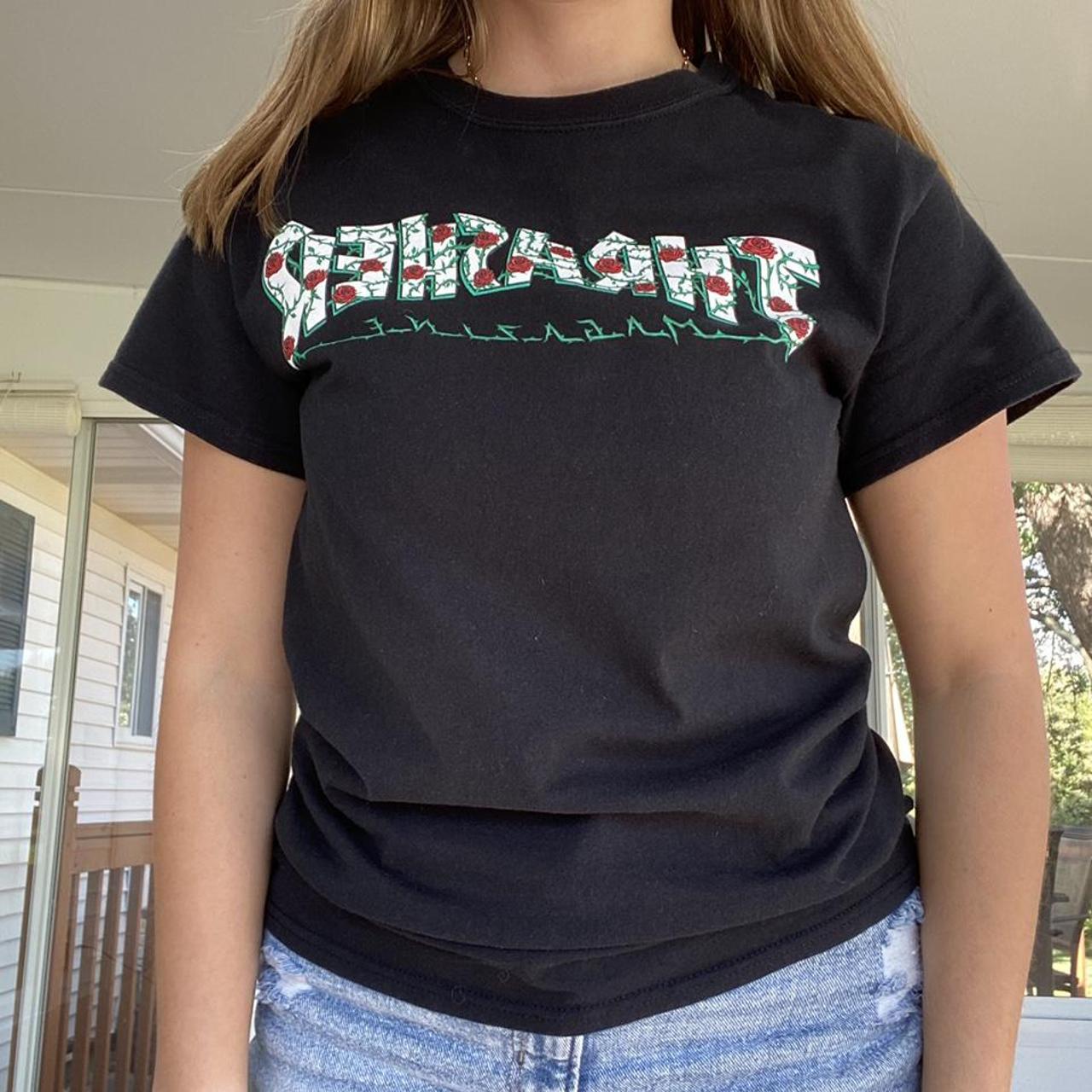 black thrasher shirt with roses, size men’s small,... - Depop