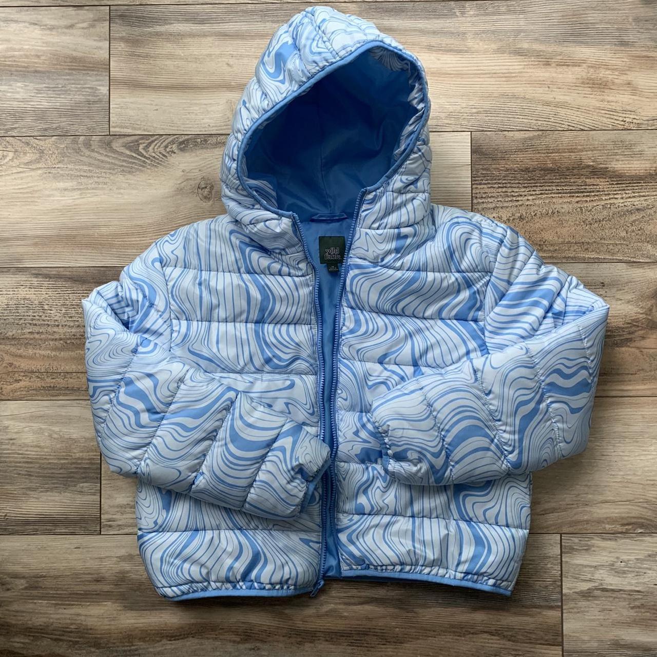 blue marble swirl puffer jacket. long sleeve hooded... - Depop