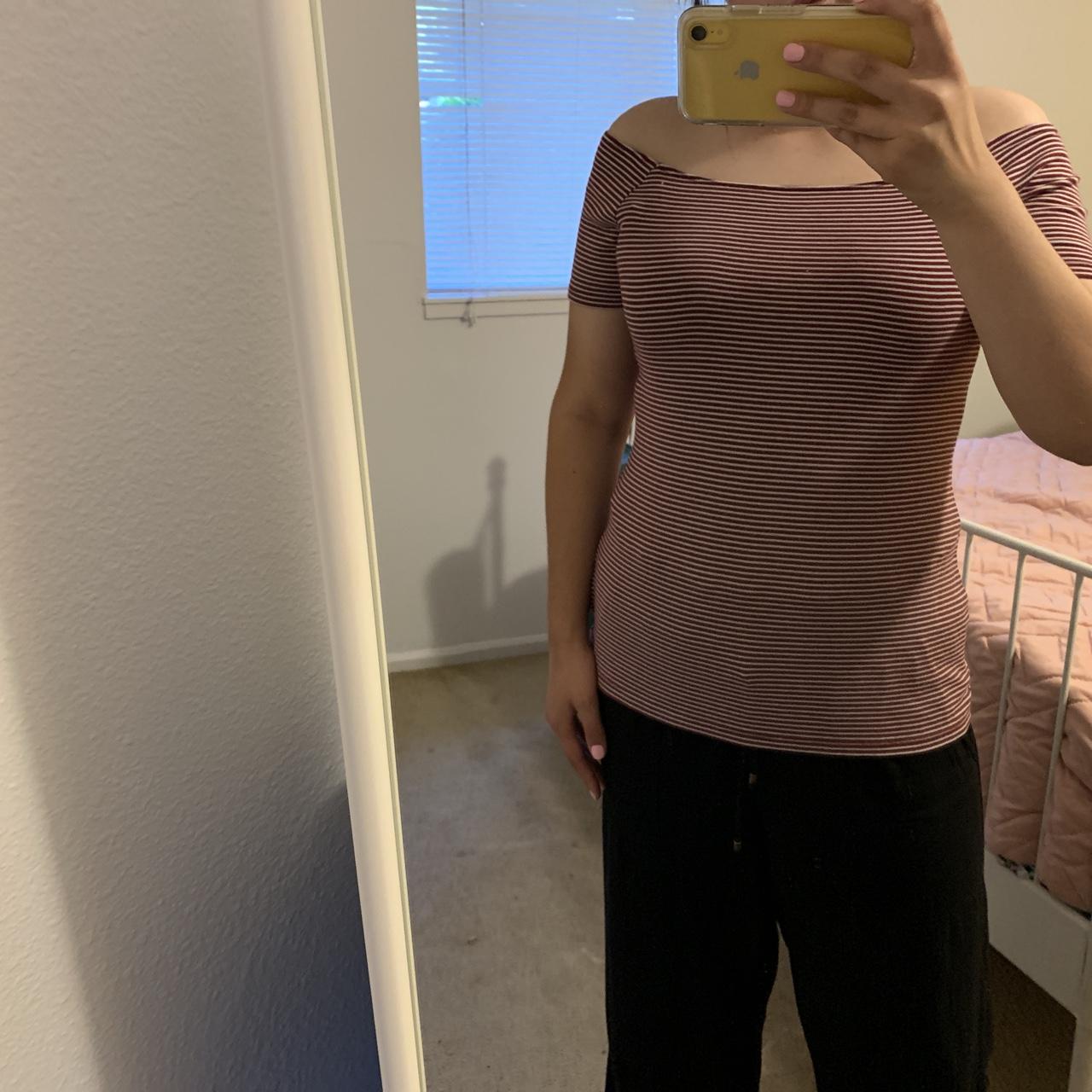 Old navy off the shoulder maroon and white striped... - Depop