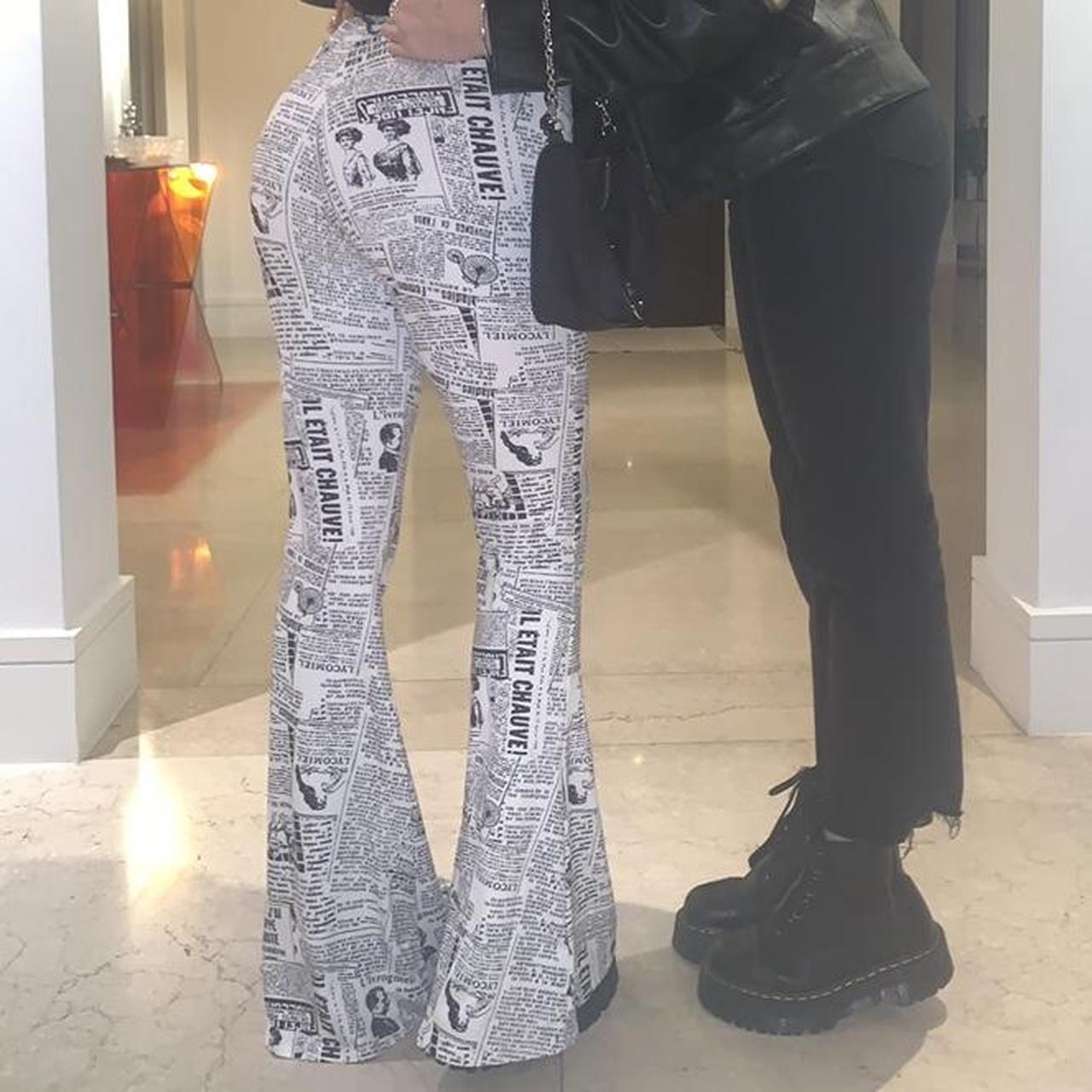 NEWSPAPER PANTS 👽👽👽 stretchy flared high waisted... - Depop