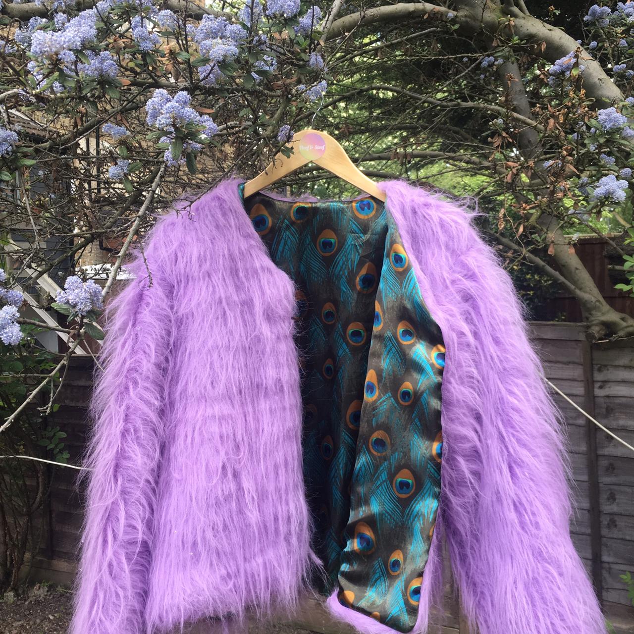 LILAC FAUX FUR FLUFFY JACKET WITH SILK PEACOCK... - Depop