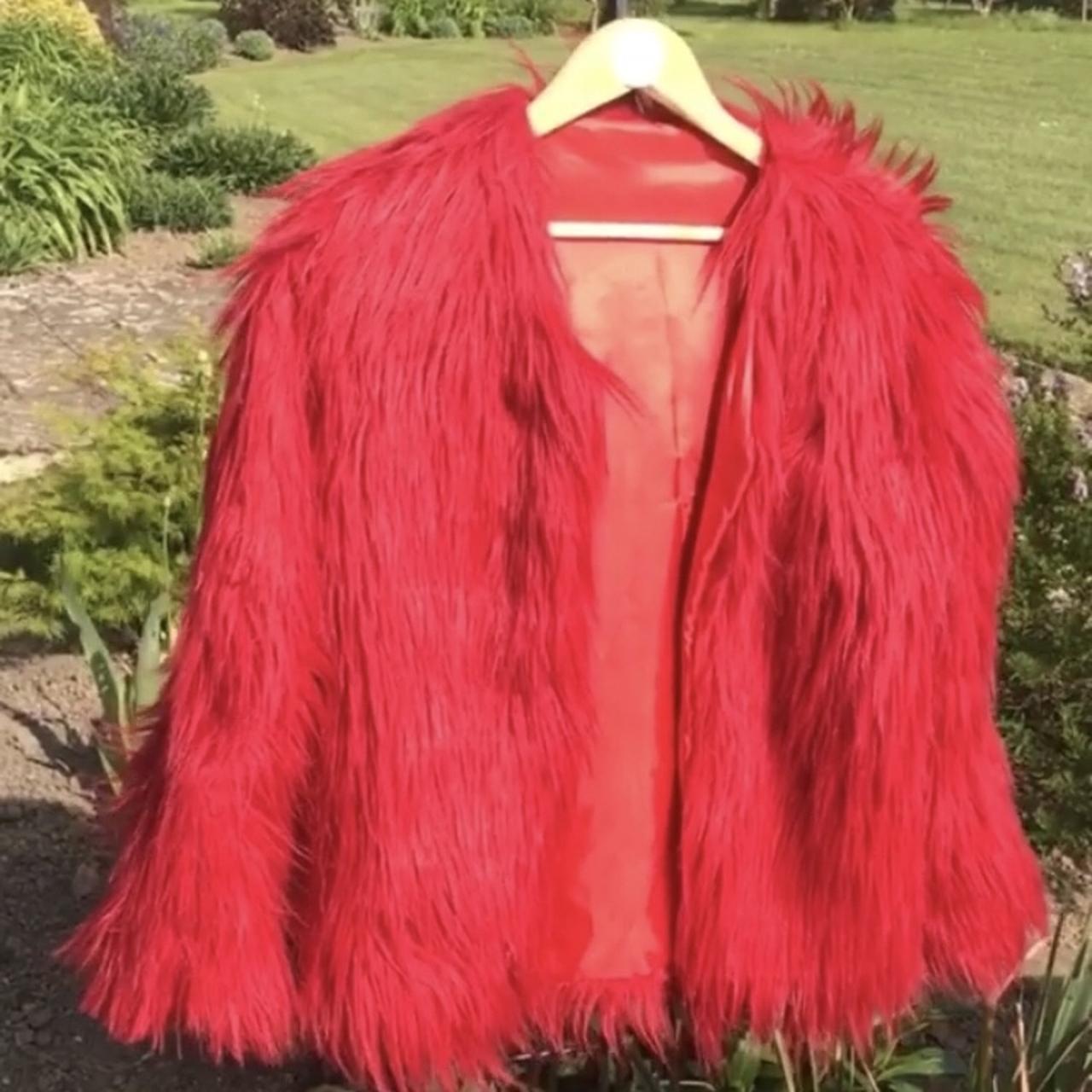 RED FAUX FUR JACKET WITH RED SATIN LINING SIZE M - Depop