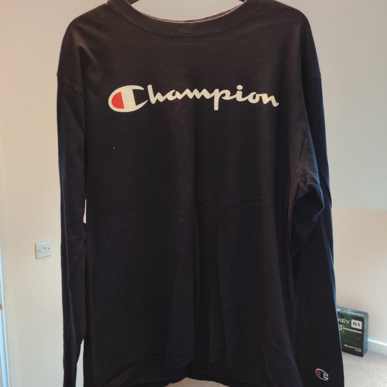 Champion Long Sleeve Script Logo Tee Size... - Depop