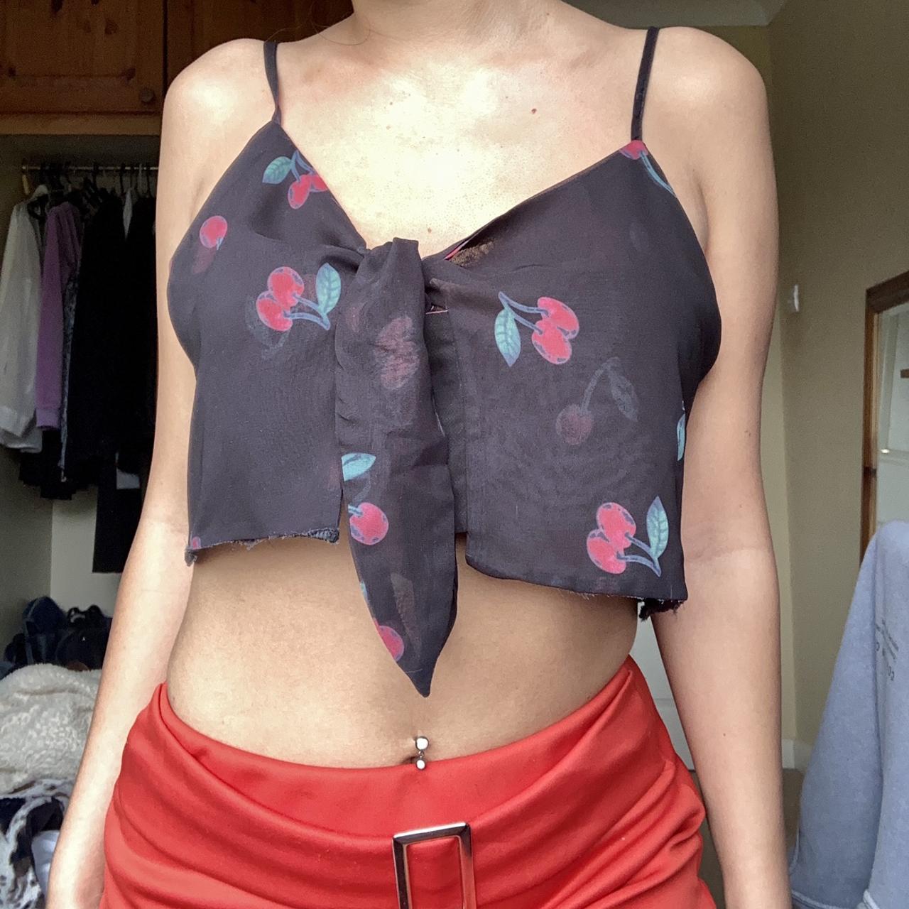 90s Black cherry y2k tie up crop top cami M this... - Depop