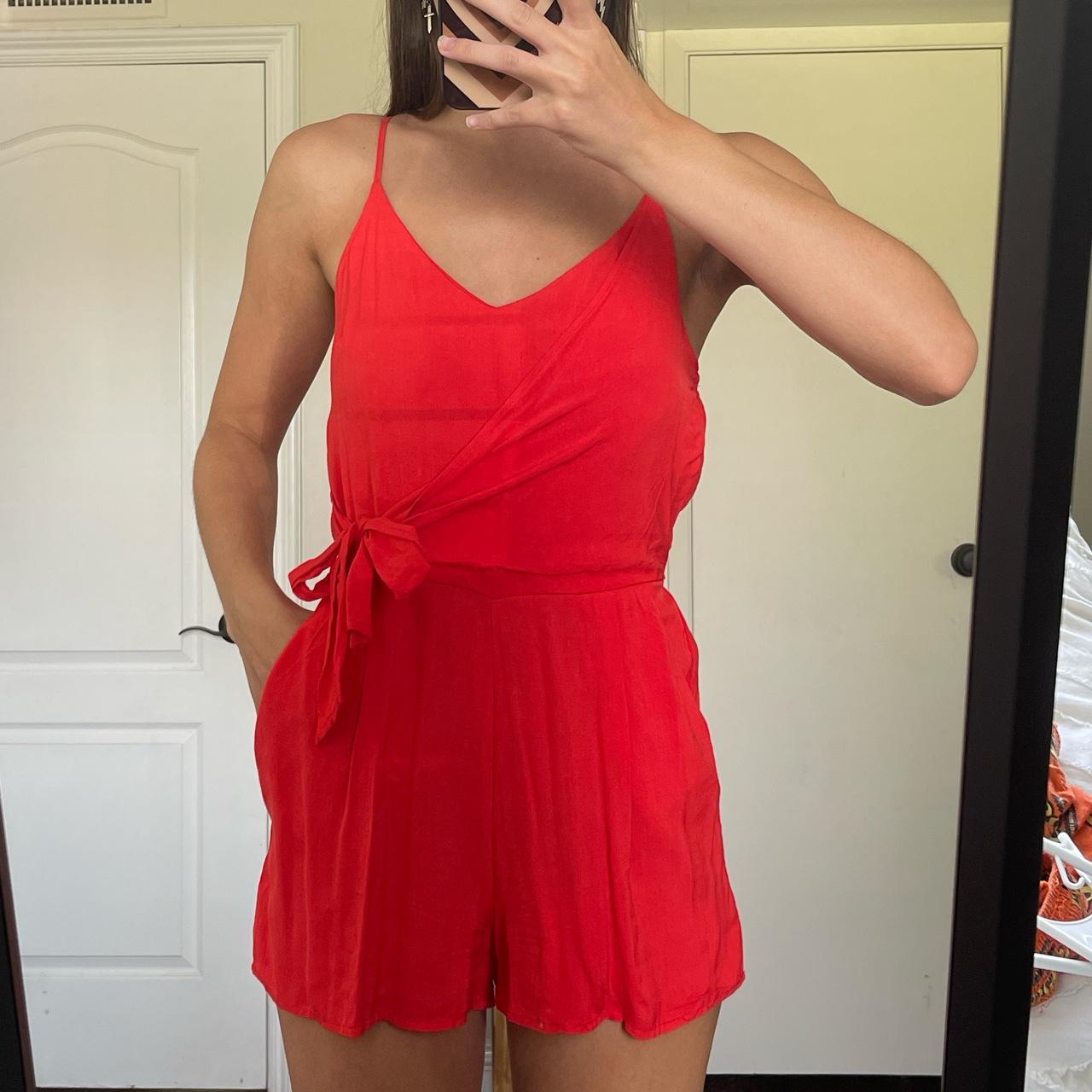 Red one piece tie front romper - Depop