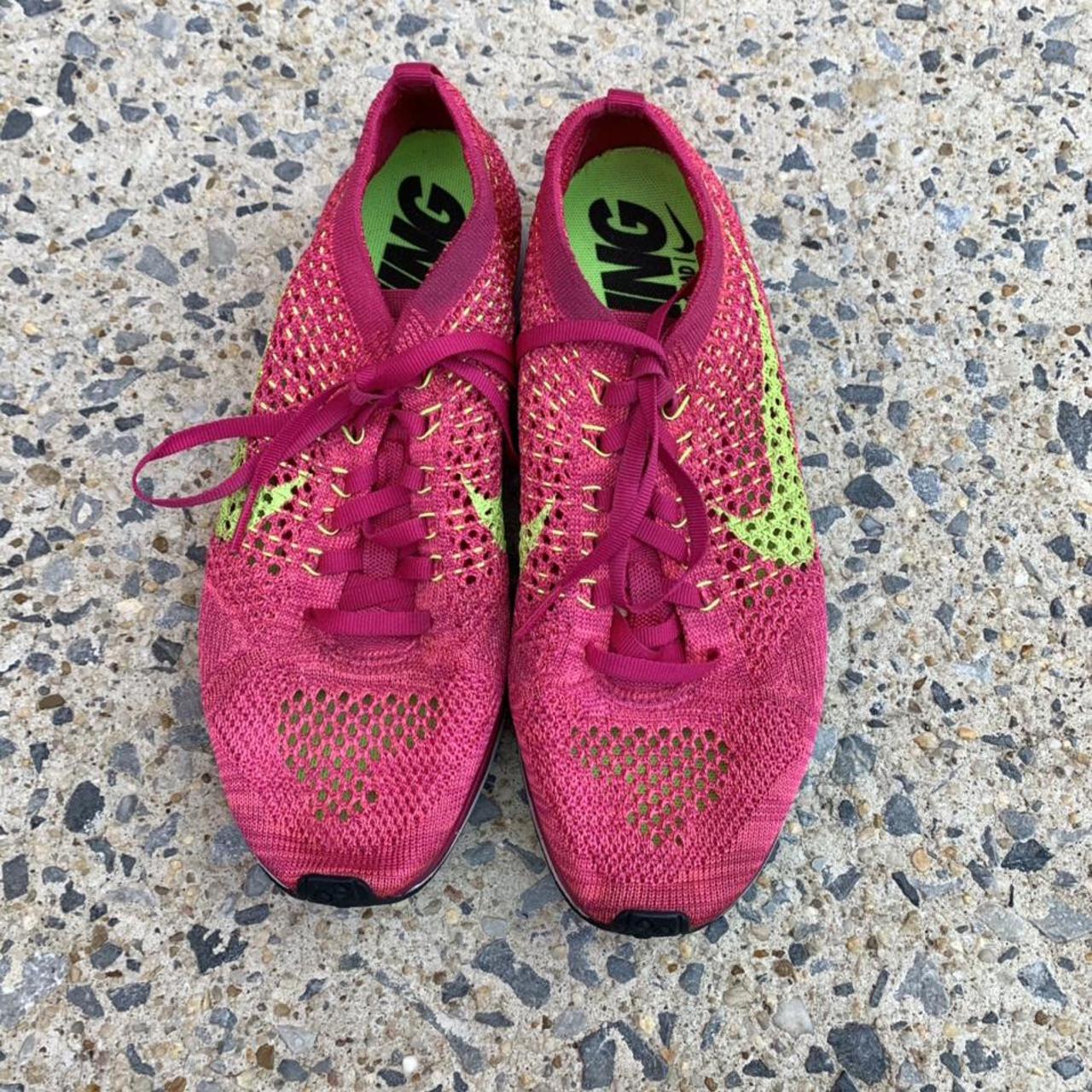Hot pink flyknit racer sneakers. Neon green Nike... - Depop