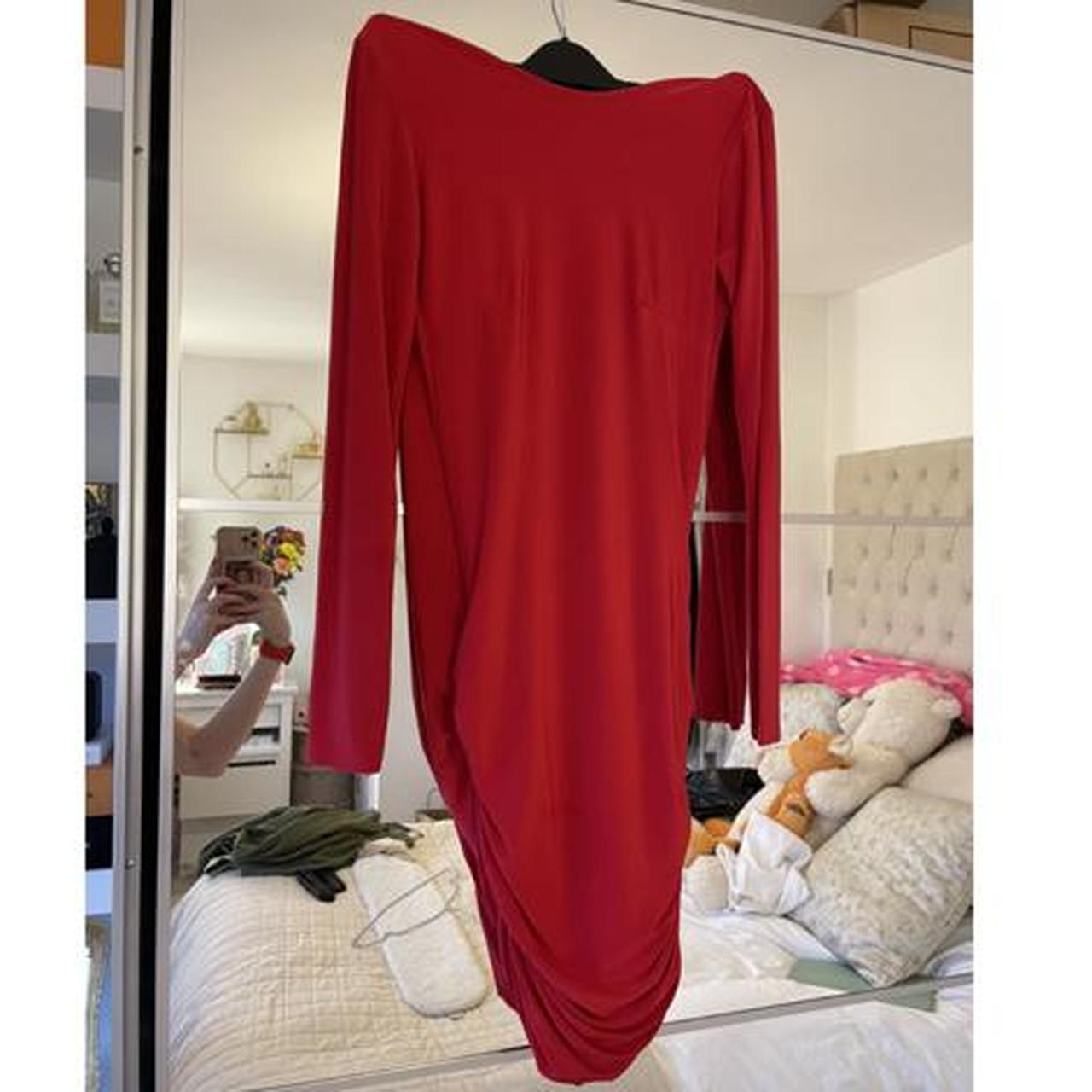 missguided slinky red open back long sleeved dress,... - Depop