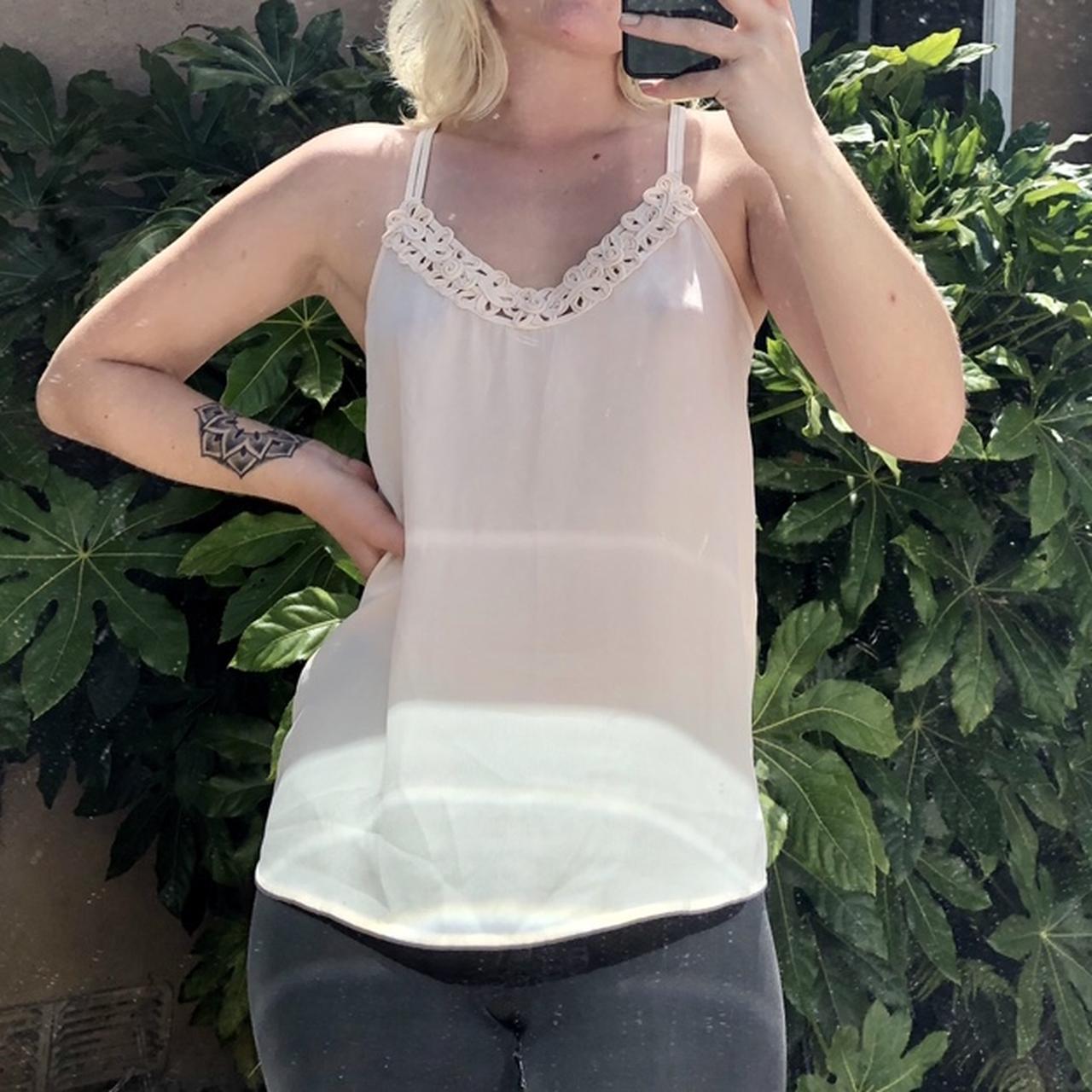 TOP Sheer beige spaghetti strap top with cross cross... - Depop