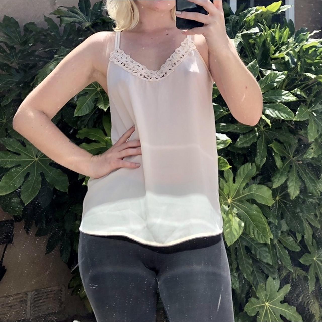 TOP Sheer beige spaghetti strap top with cross cross... - Depop