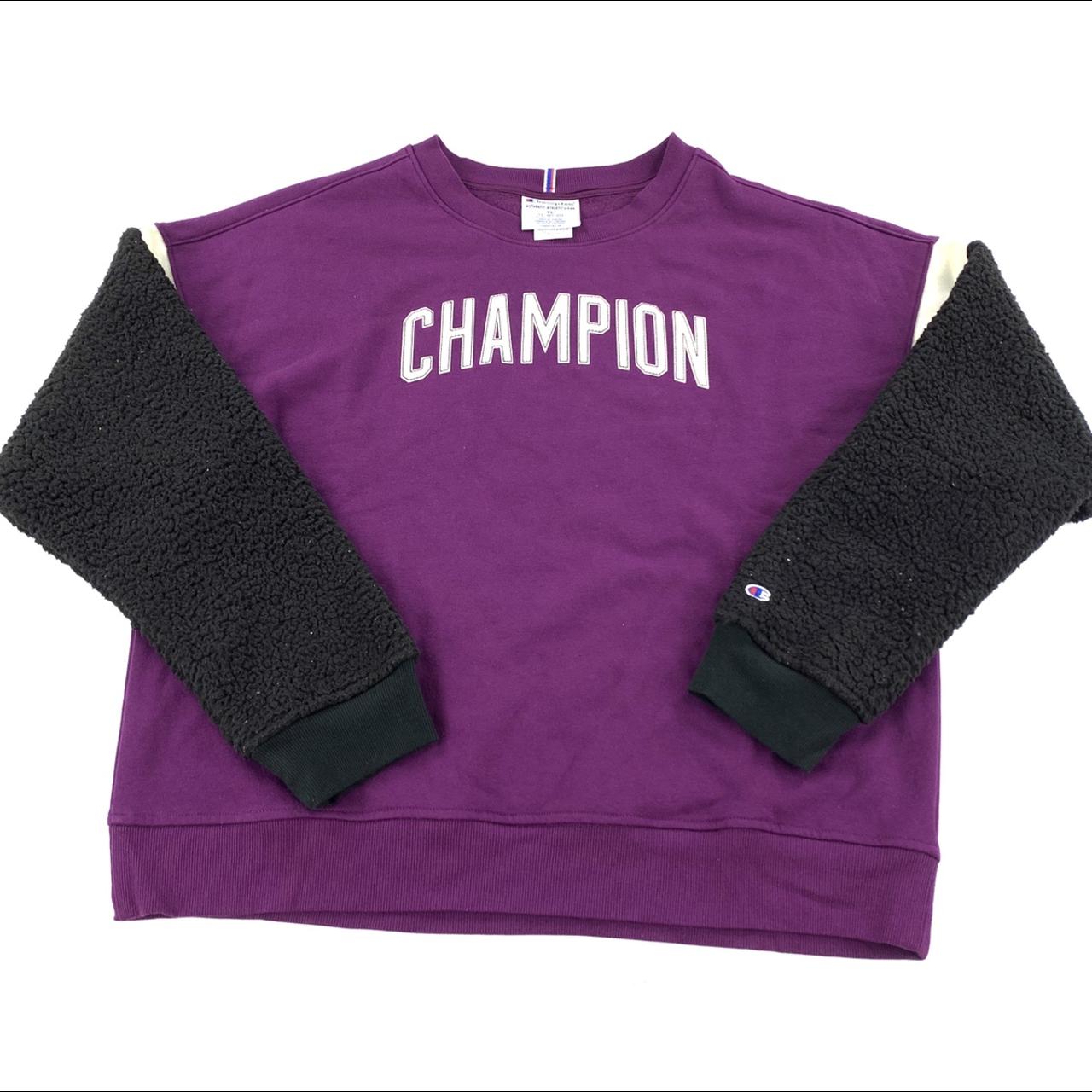 NWOT Champion Color Block Spell Out Sherpa Sleeve... - Depop