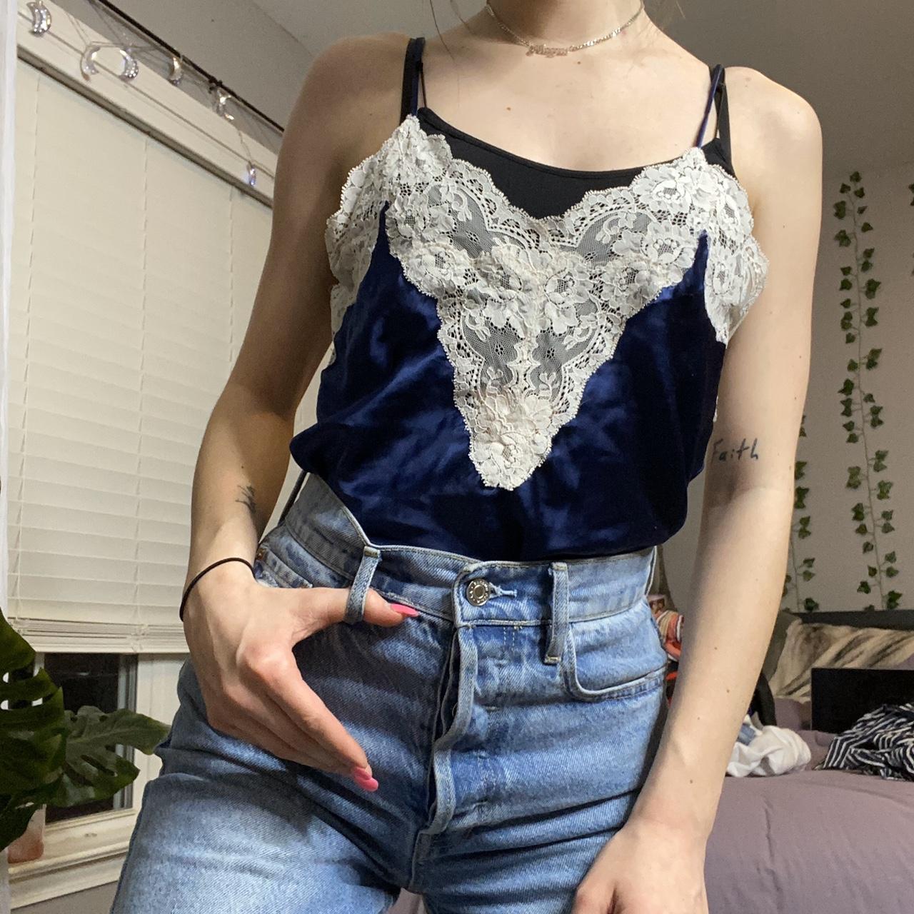DARK BLUE SILKY LACE TANK thrifted tank top,... - Depop