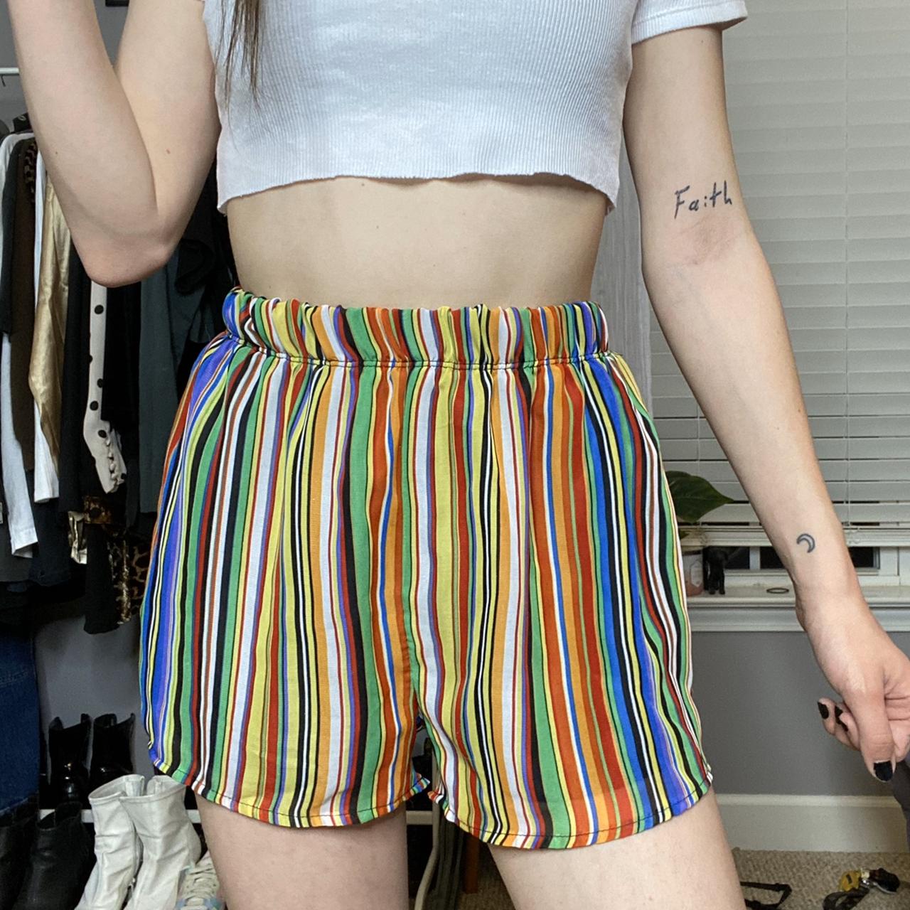 multi colored striped high waisted short! so comfy!... | Depop