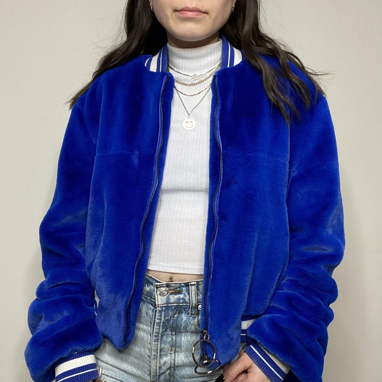 blue faux fur jacket!!! I love this I can’t believe... - Depop