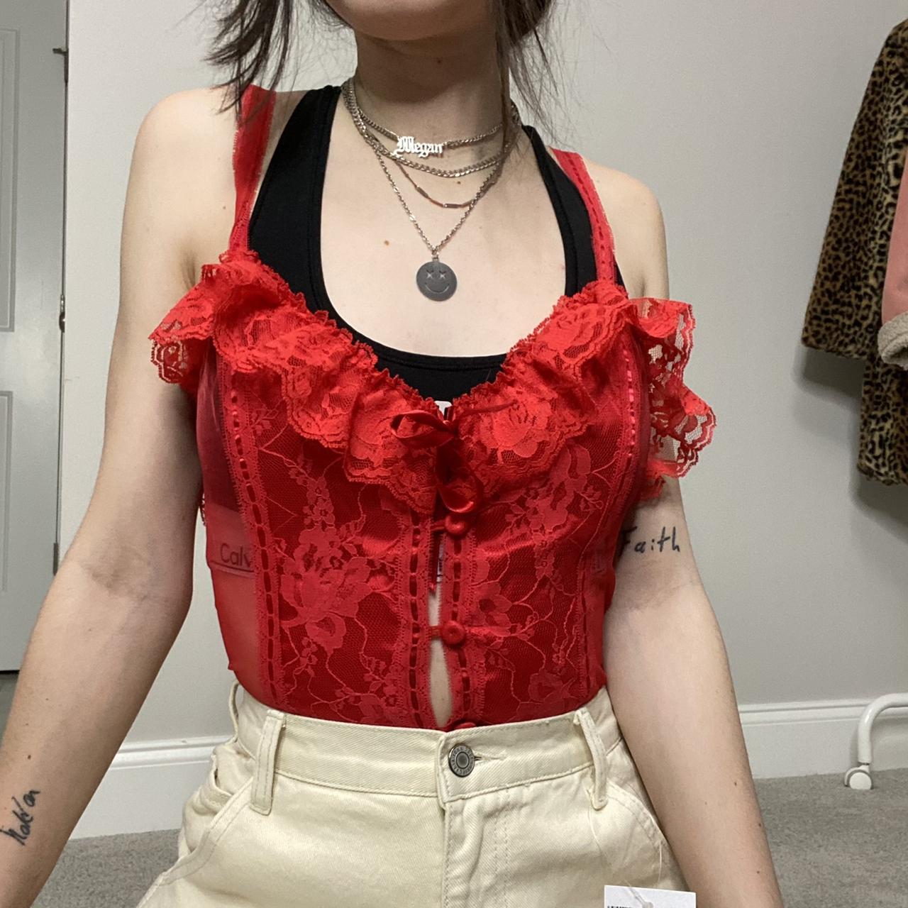 the prettiest lace red top! ignore the sports bra I... - Depop