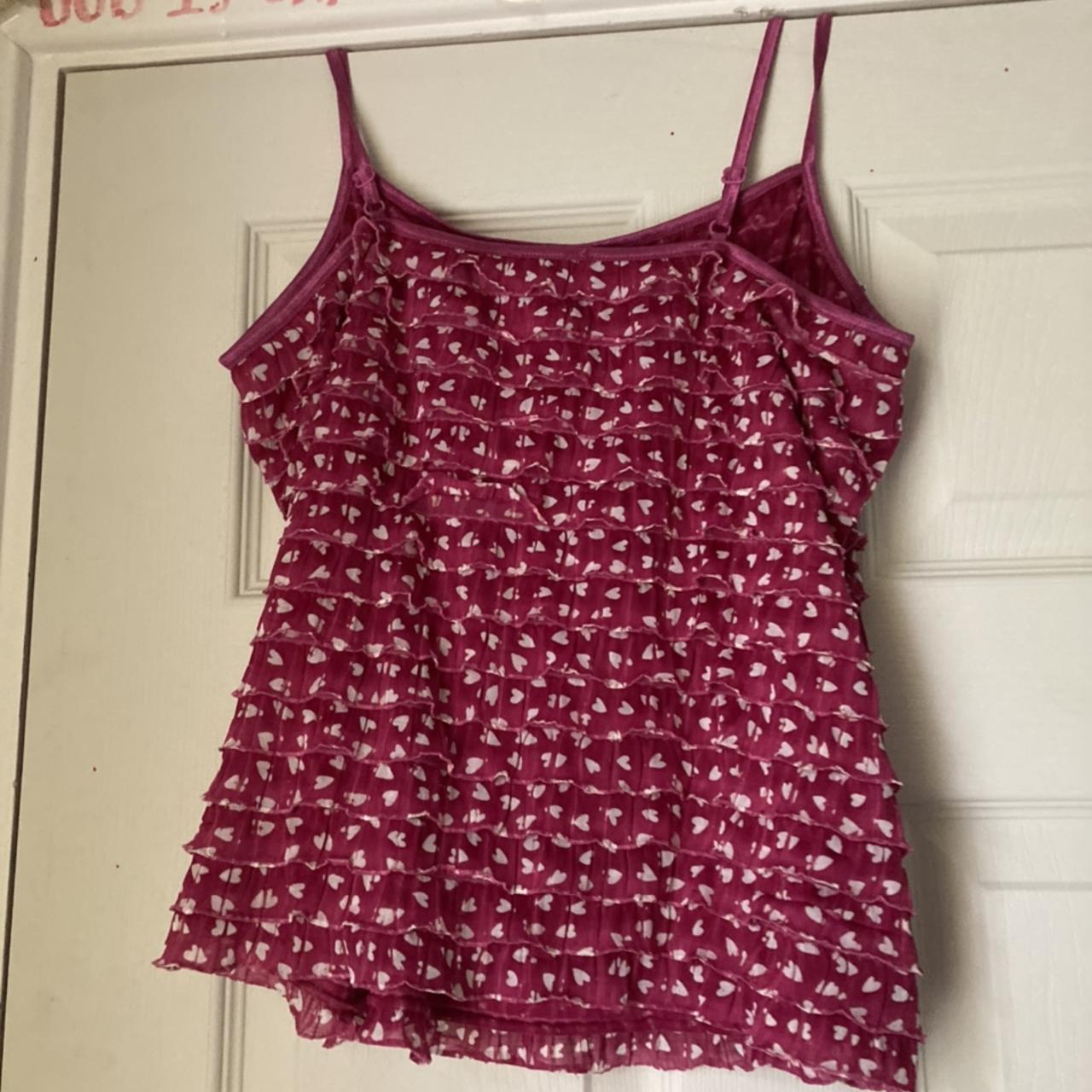 Cute pink, love heart, frilly material cami top One... - Depop