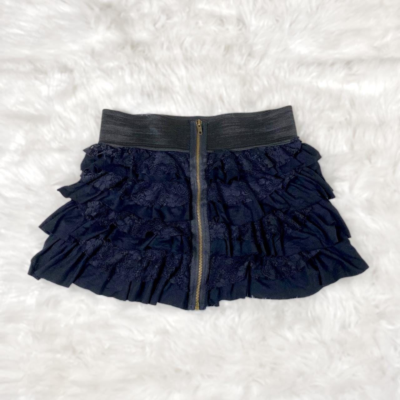 y2k zipper ruffle lace black mini skirt y2k... - Depop