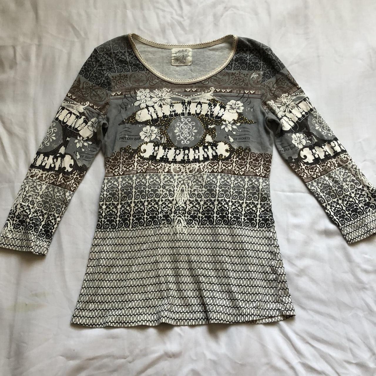 vintage 2000s all over print blouse brown/ grey/... - Depop