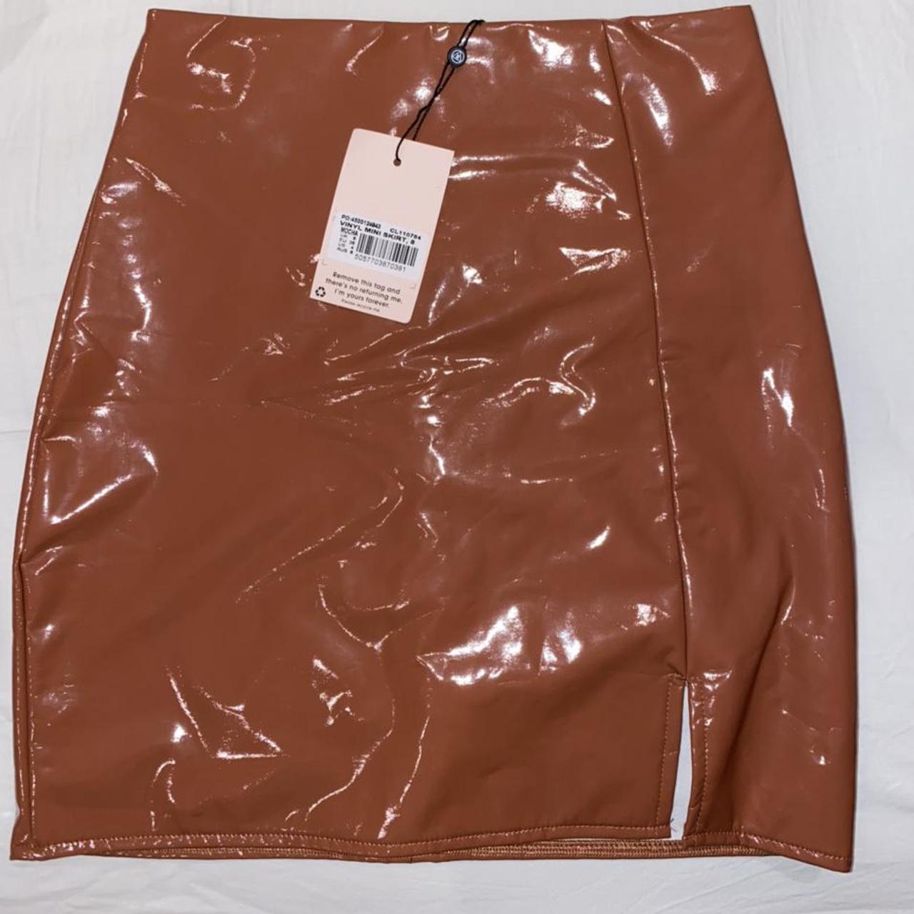 Missguided vinyl mini skirt in mocha Never worn,... - Depop