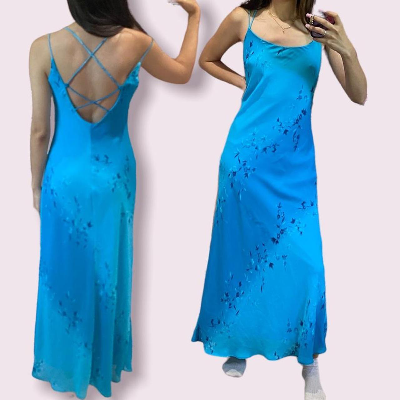 Y2K prom dress Beautiful blue floral ankle length... - Depop