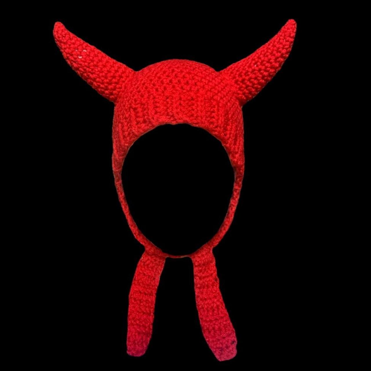 Crochet horned bonnet -red -fits average adult sized... - Depop