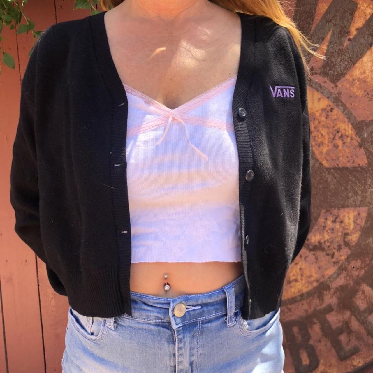 Vans black button up cardigan with purple... - Depop