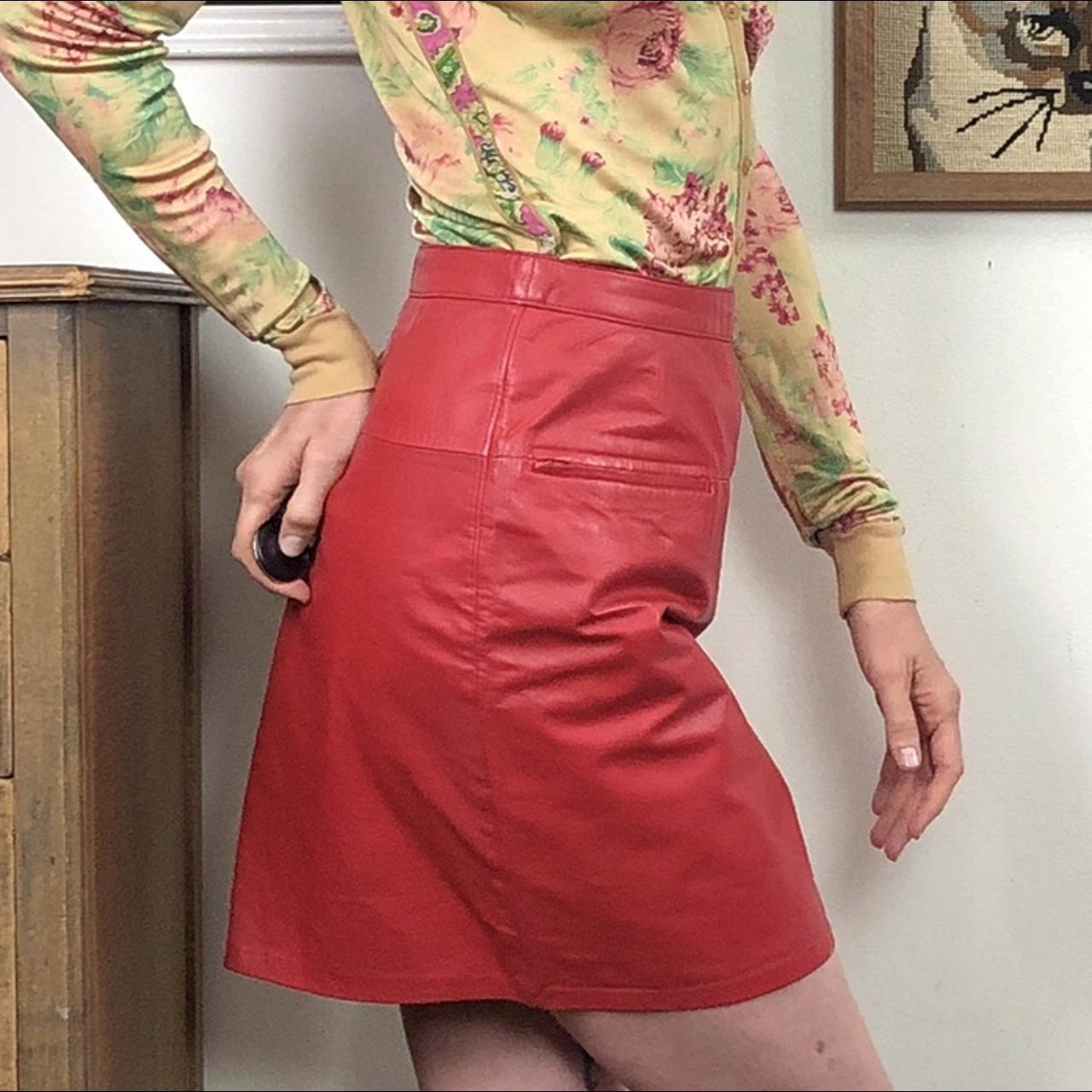Vintage Red Leather Mini Skirt, 1980s Cherry Red... | Depop