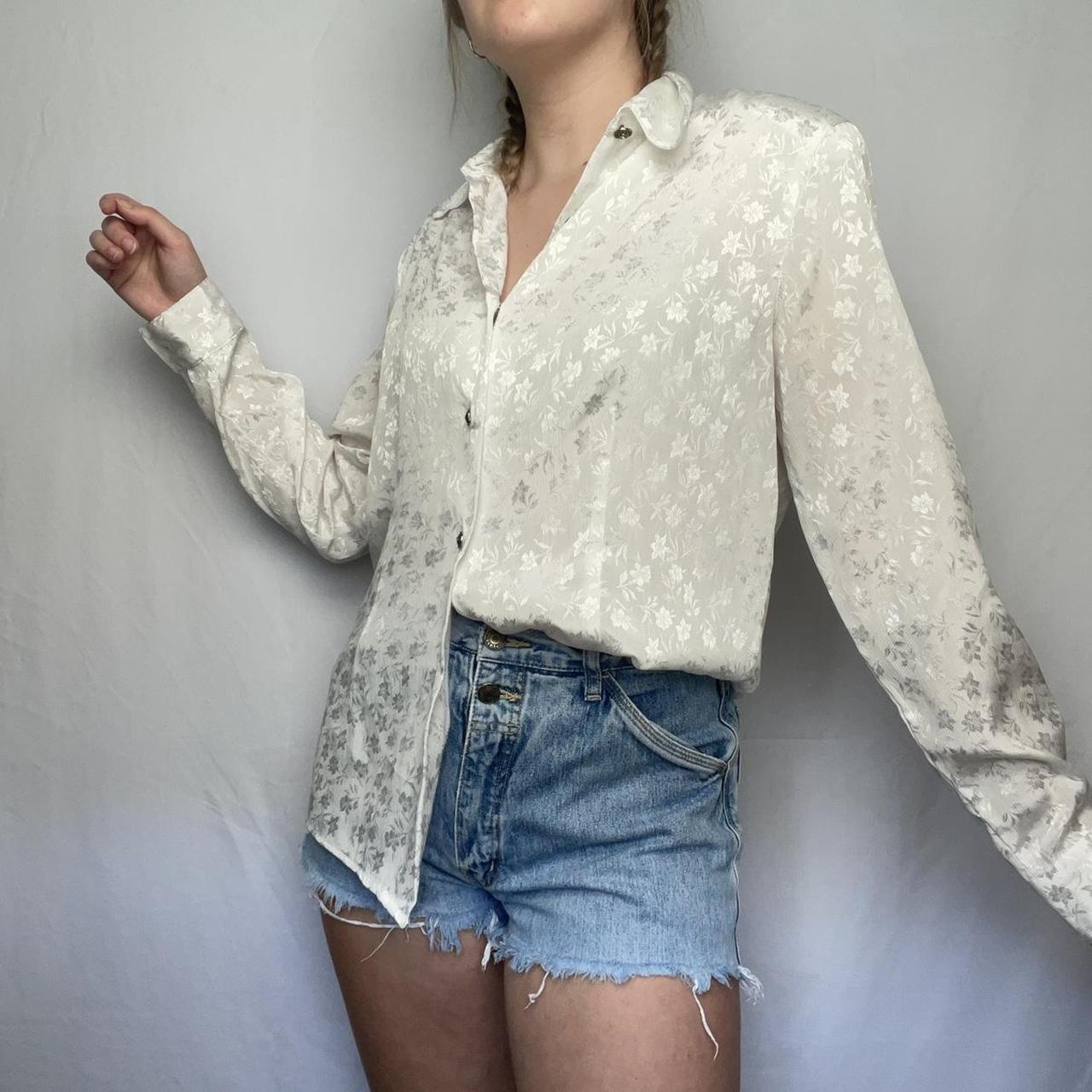 super cool silky white button down blouse. by the... - Depop