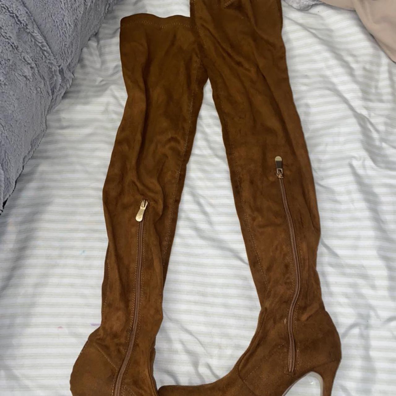 Thigh high camel colored boots Suede... - Depop