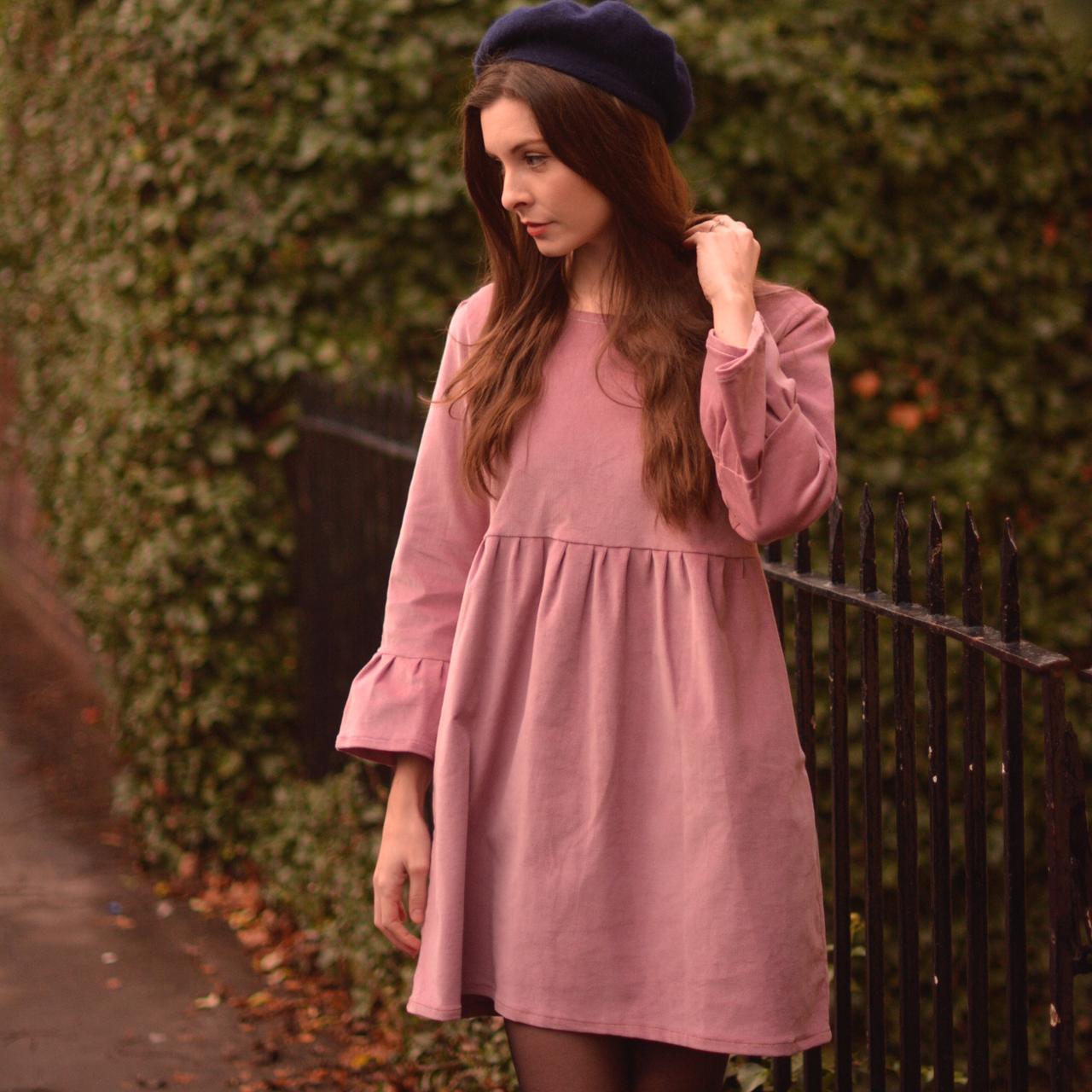 Pale pink corduroy smock dress. Fluted sleeves.... - Depop