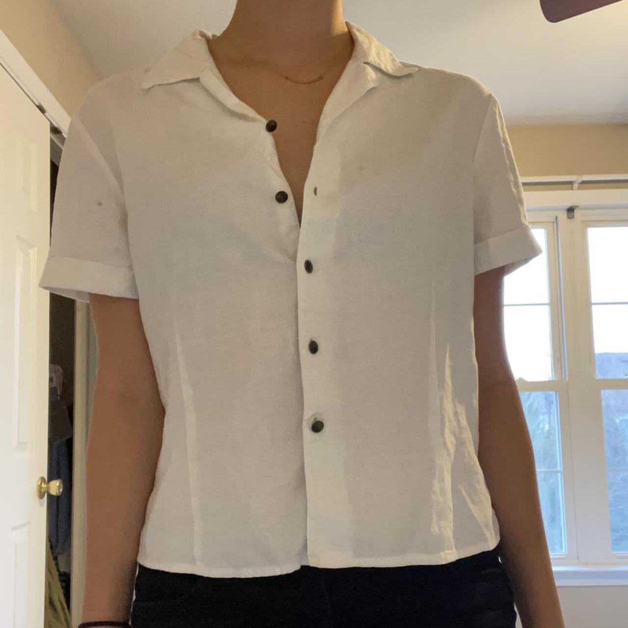 🍥VINTAGE white linen button down crop top shirt,... - Depop