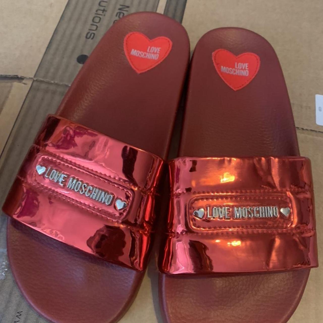 LOVE MOSCHINO Red Sliders With Metallic Strap Europe... - Depop