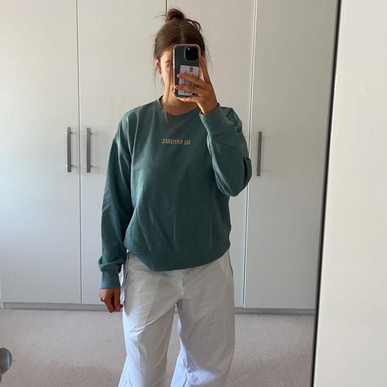 Sage green jumper with yellow writing 🌿 #jumper... - Depop