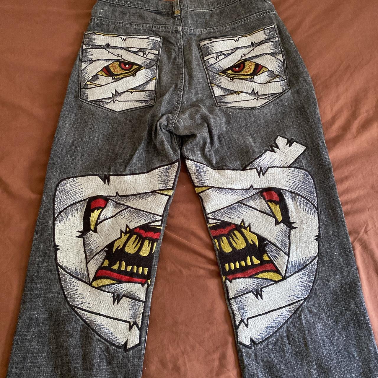 CHARCOAL PARISH NATION MUMMY EMBROIDERED BAGGY DENIM... | Depop