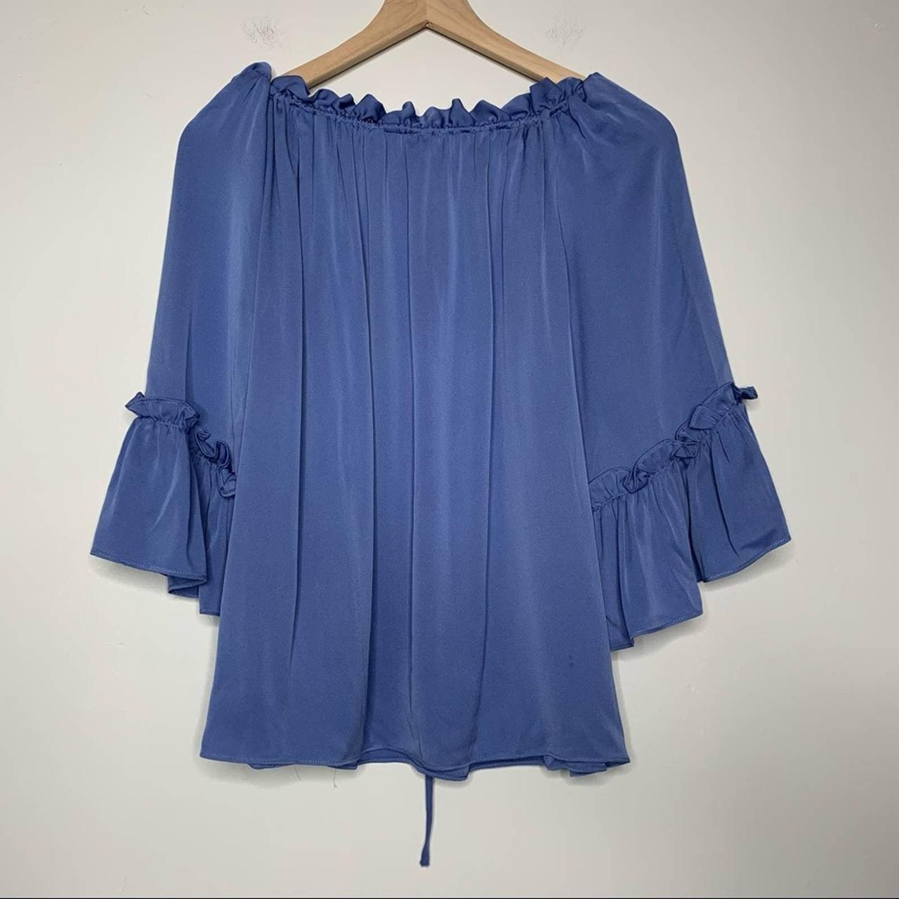 MILLY Silk Ruffle Blouse Blue Size 8 Good... - Depop