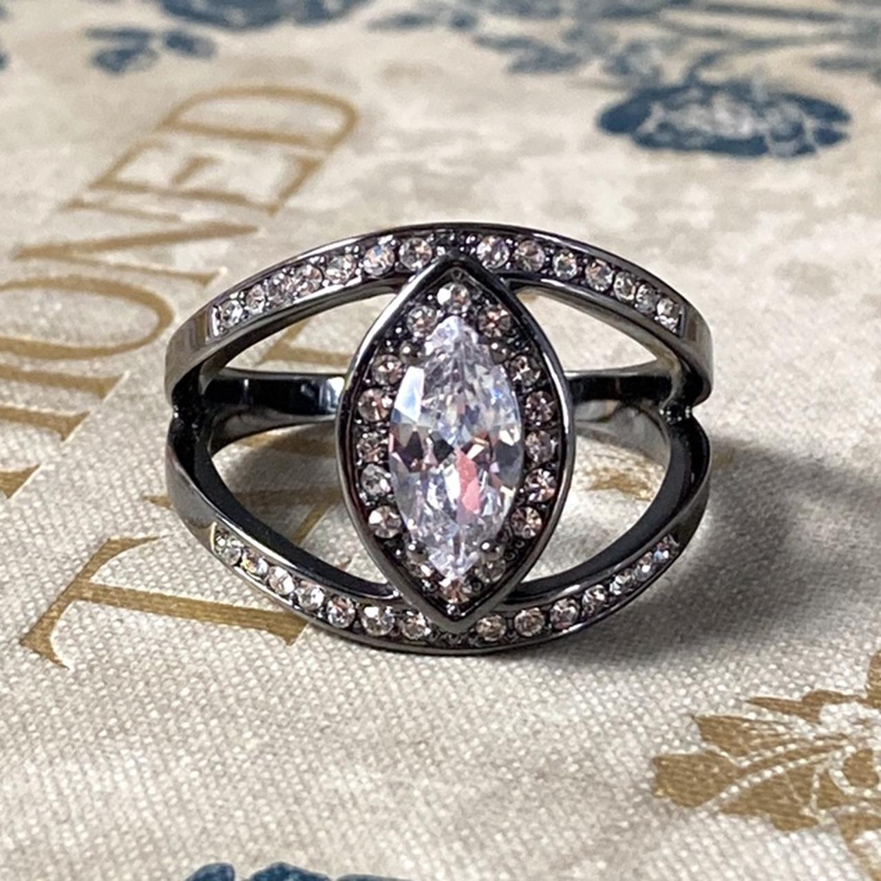 Rhinestone dark silver tone statement ring Size... - Depop