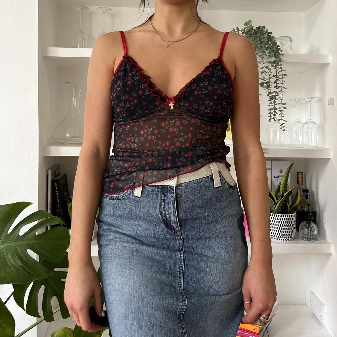 Vintage dark blue micro mesh ditsy floral cami top... - Depop
