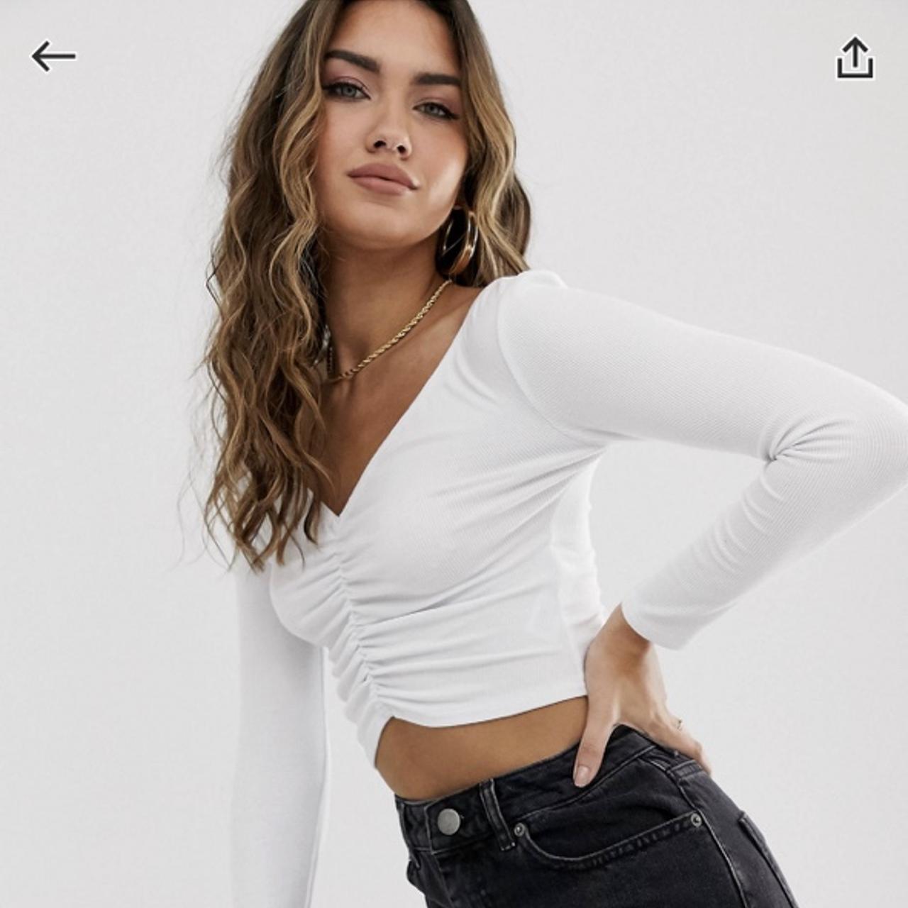 asos white ruched white long sleeve crop top never... - Depop