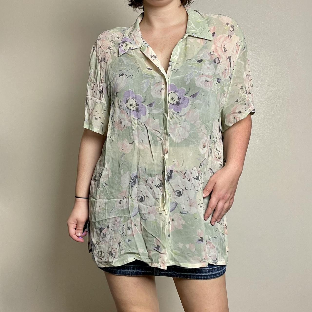 Vintage 90s button up semi sheer blouse shirt.... - Depop