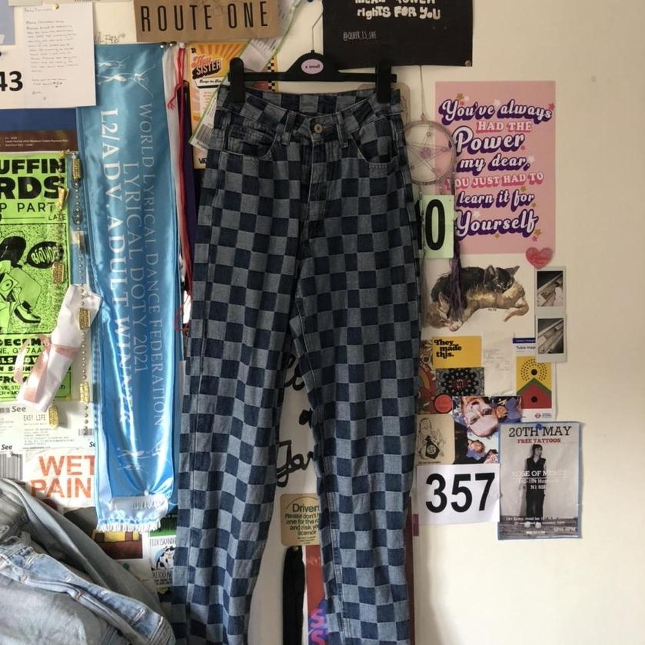 the most stunning blue checkered denim straight leg... - Depop