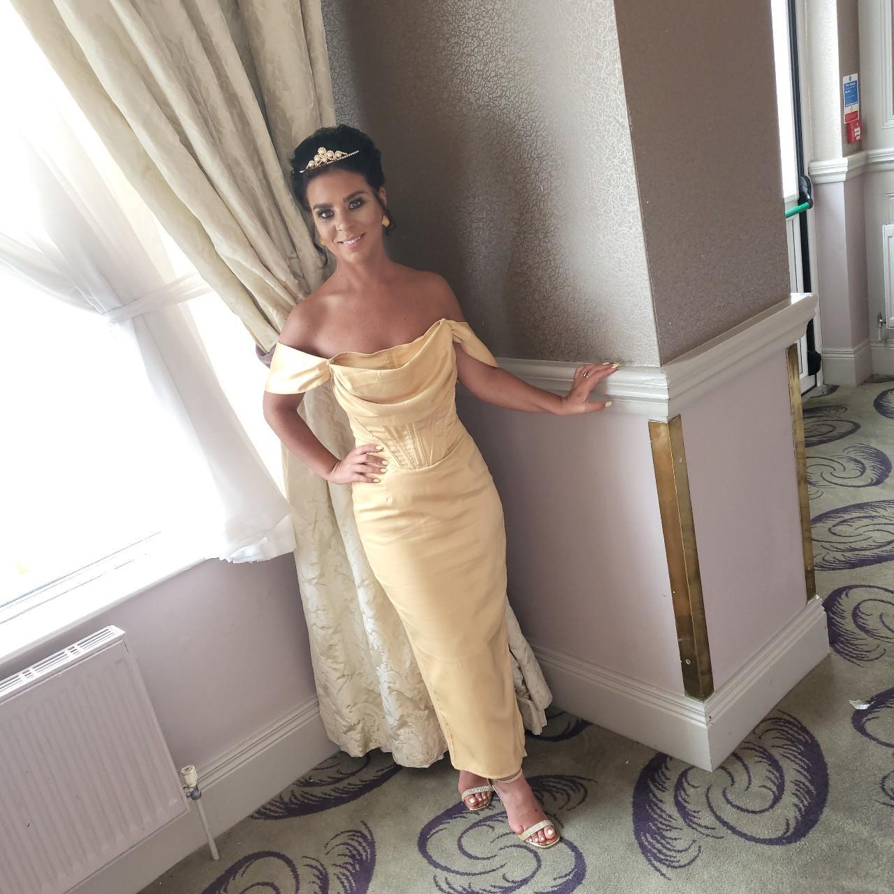 Gorgeous Satin gold/lemon off the shoulder dress... - Depop