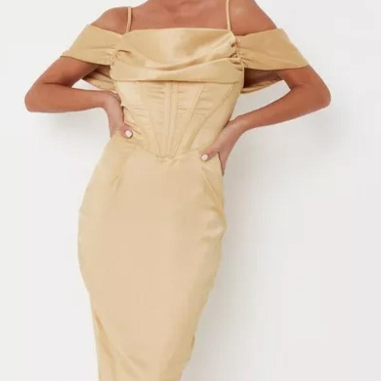 Gorgeous Satin gold/lemon off the shoulder dress... - Depop