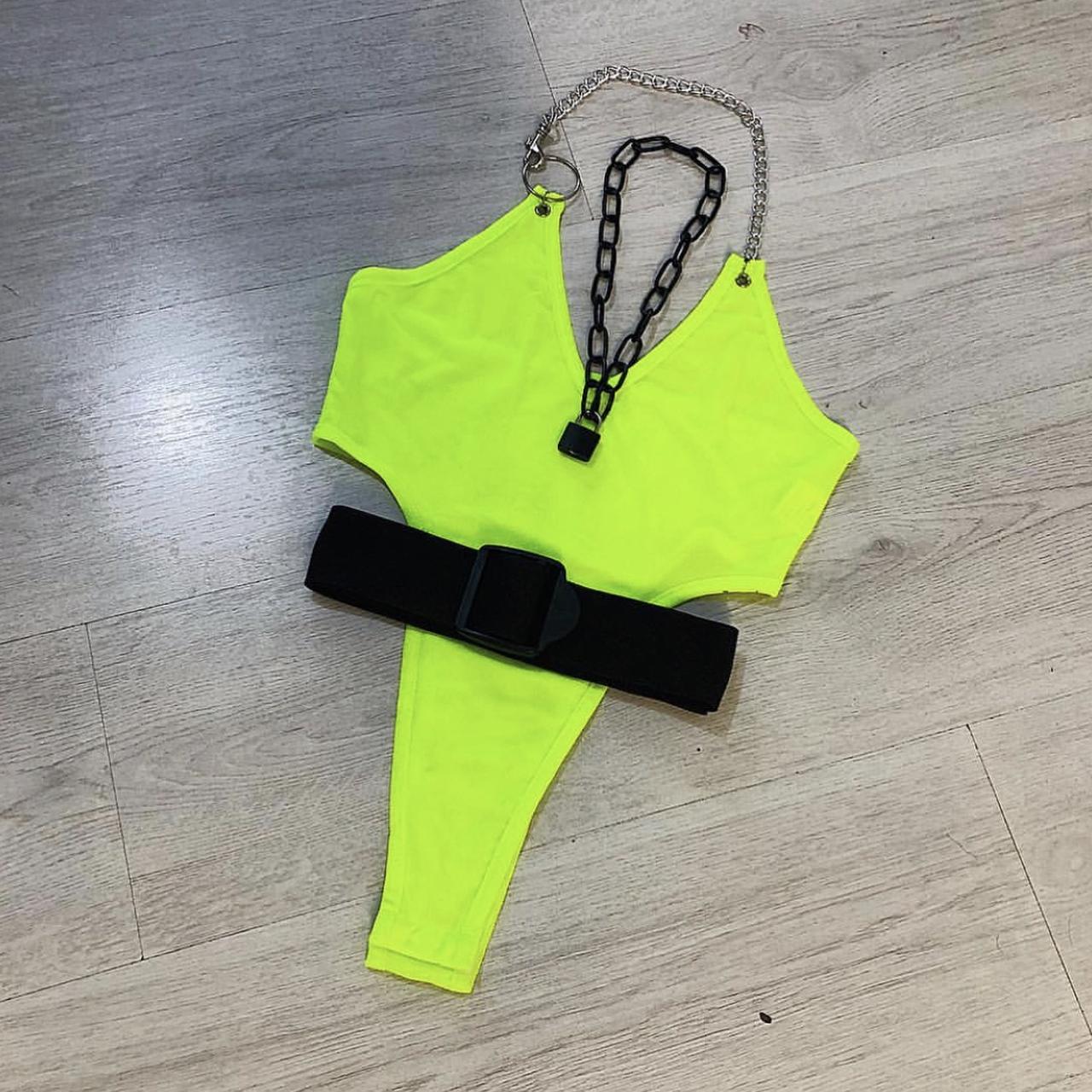 NEON High Leg Mesh Chain Halter Bodysuit 💚 BELT... - Depop