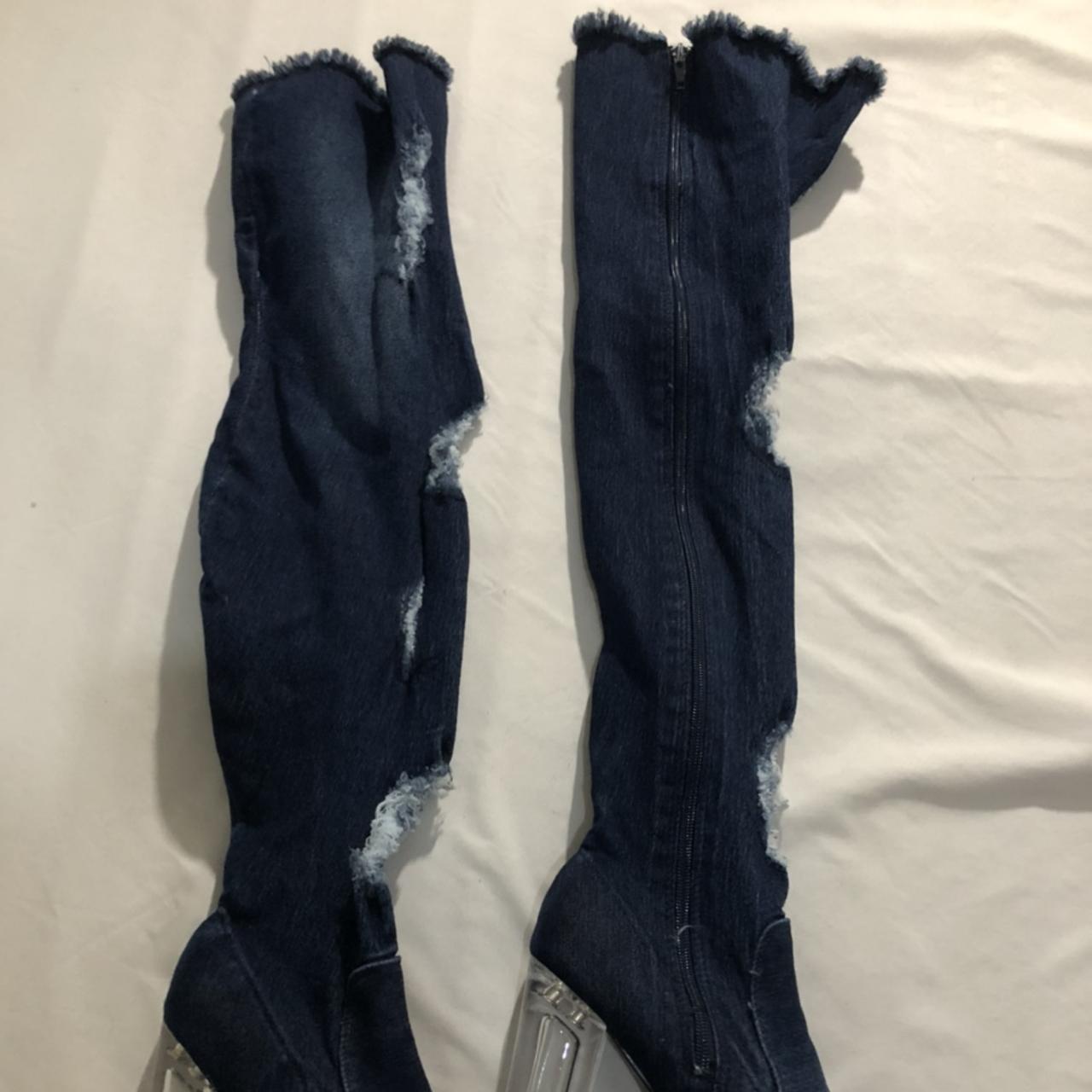 Ripped/ frayed denim over the knee boots with clear... | Depop