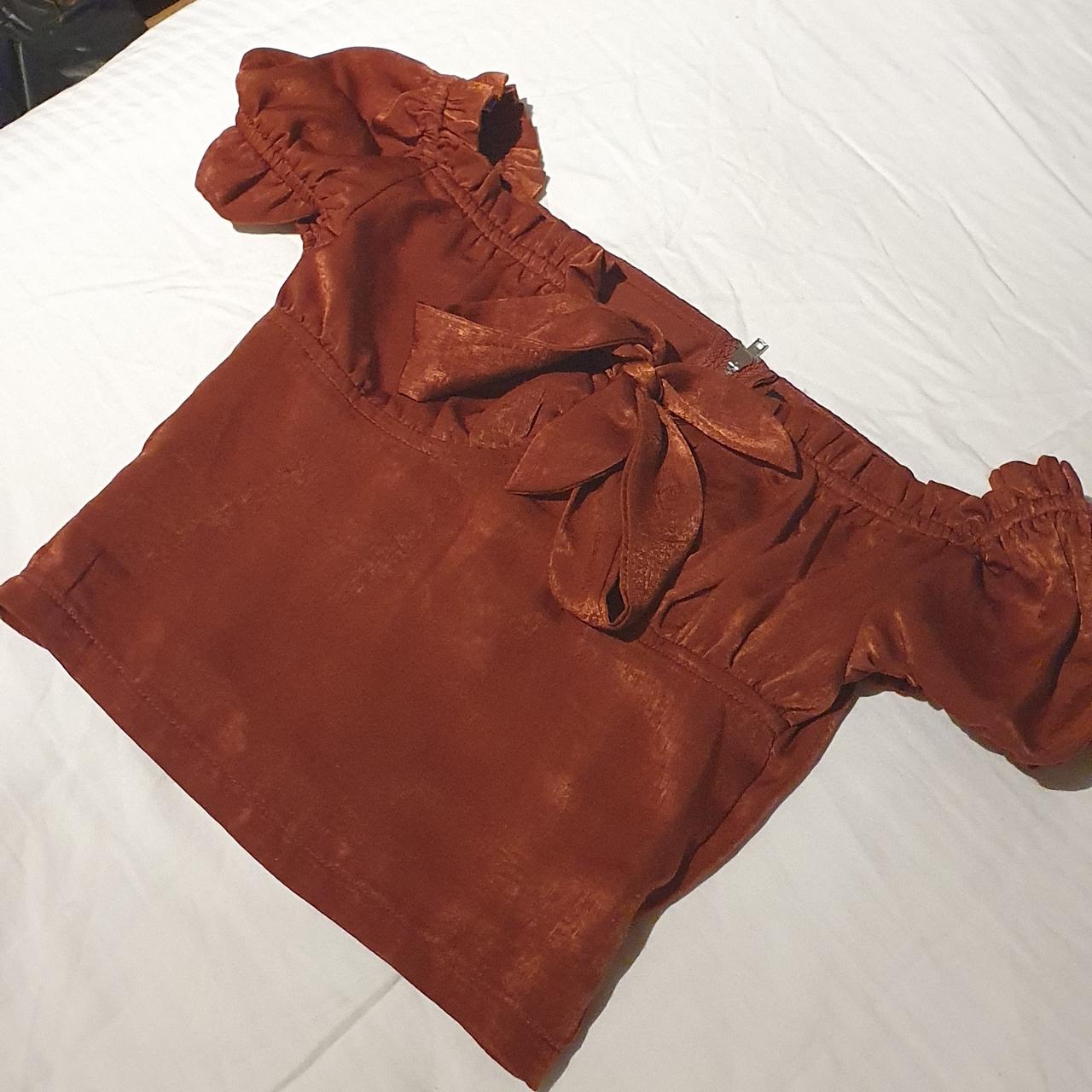 Prettylittlething satin rust crop top Size 6 Zip at... - Depop